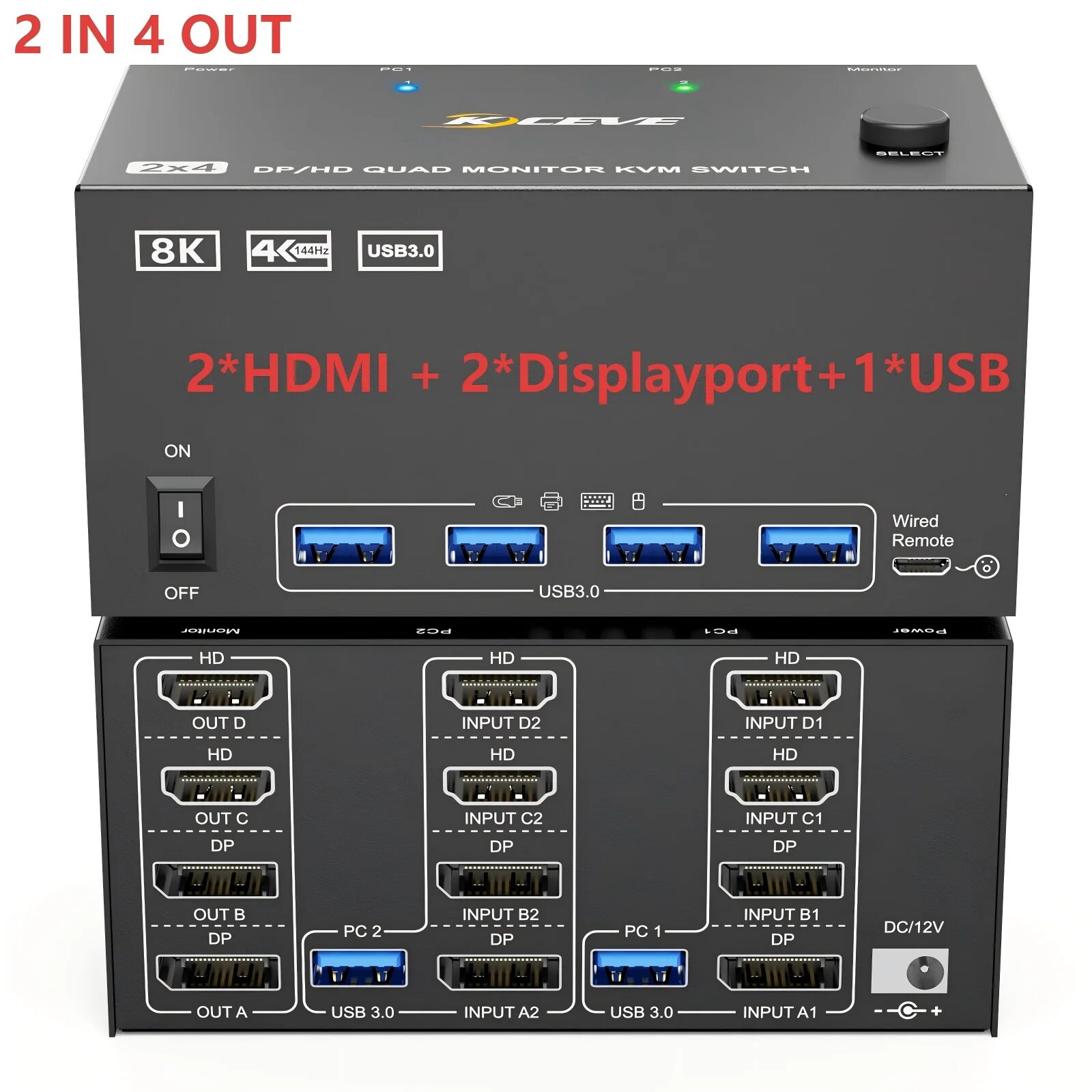 AIMOS KVM-переключатель 4 монитора 2 компьютера HDMI+DP 4K@120Hz/8K@30Hz 204 2H2D, EU Power Adapter
