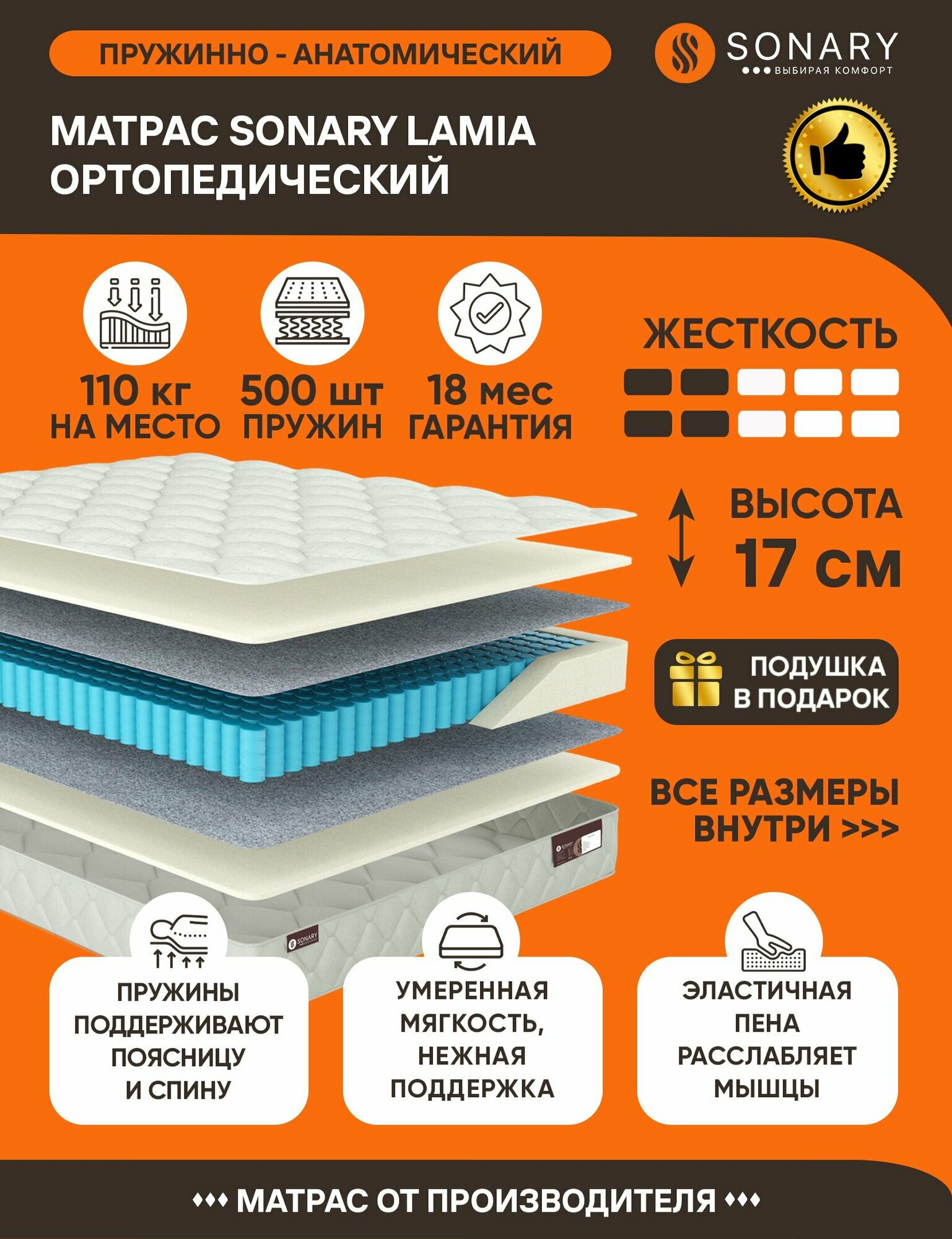 Матрас Sonary Lamia 90х150 серии Urban высота 17 см анатомический средней жесткости Независимые пружины