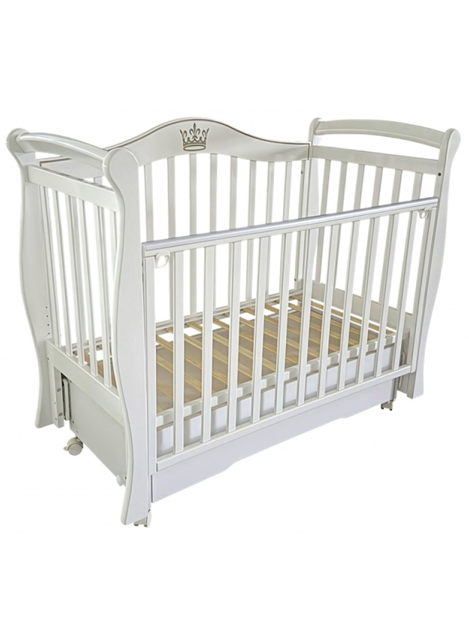 Кроватка детская для новорожденных Антел Julia-11 с универсальным маятником, колесами и ящиком, массив березы, белый