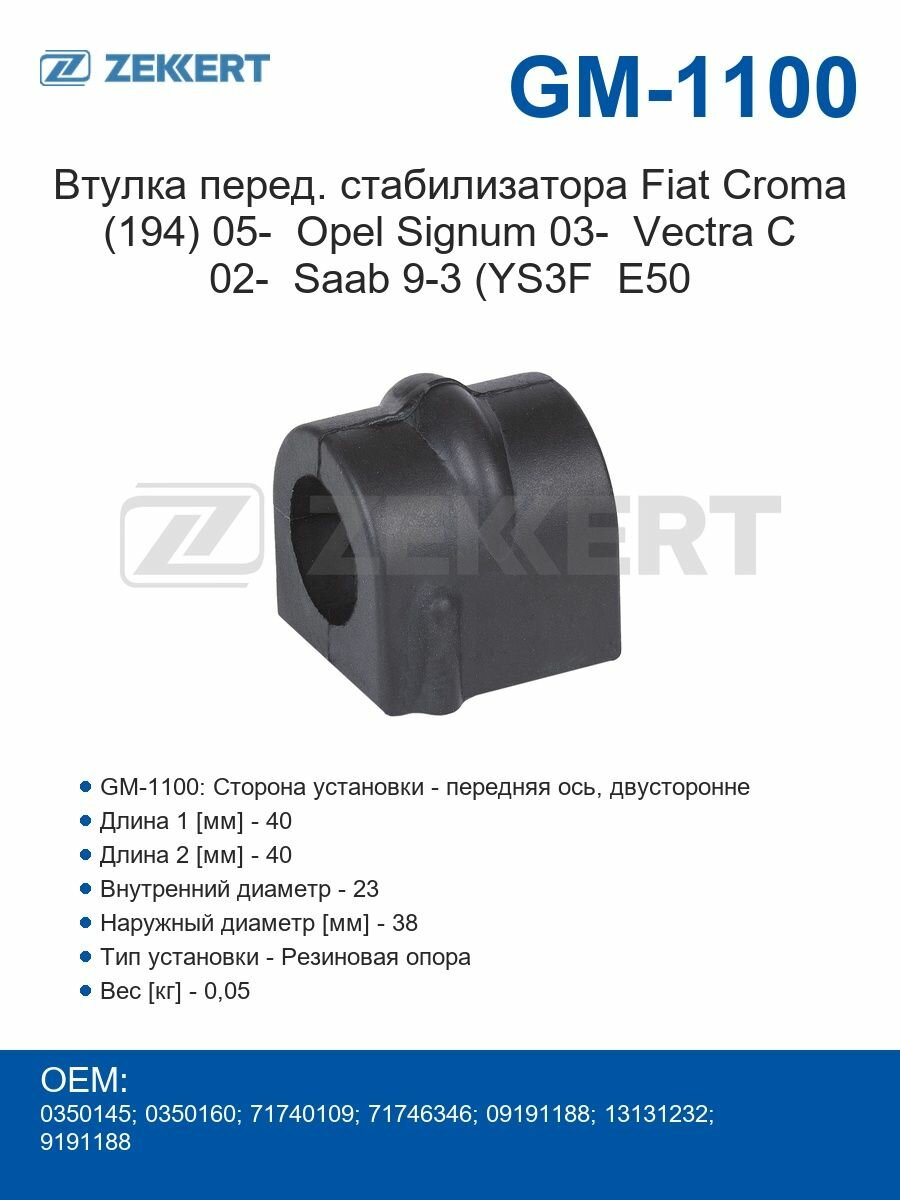 Zekkert Втулка стабилизатора передняя Fiat Croma (194) с 2005 года. Opel Signum с 2003 года. Vectra C с 2002 года. Saab 9-3 (YS3F E50).