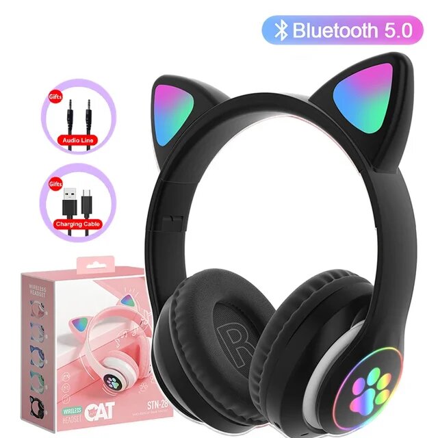 Милые наушники с кошачьими ушками, фонариком, стереозвуком Bluetooth 5.0, микрофоном, поддержкой TF-карт, беспроводные, для детей и девочек, отличный подарок на день рождения.
