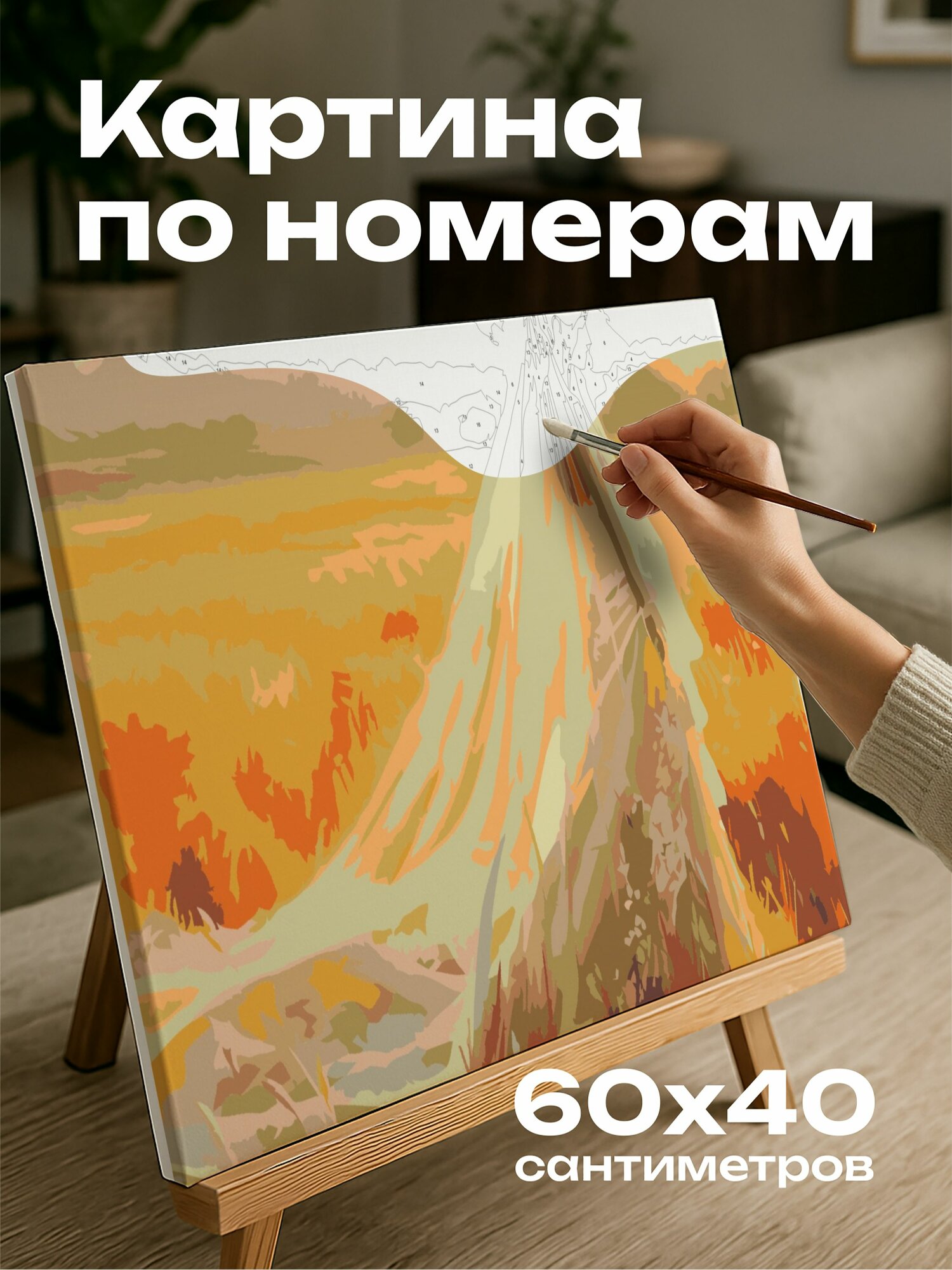Картина по номерам 60x40 см, картина маслом, невеста, поле, пшеница, солнце, свет, тень, кружево, вышивка, платье, лицо