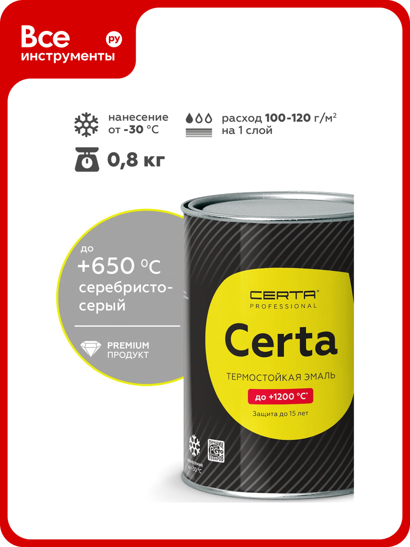 Термостойкая краска Certa для металла, печей, мангалов, радиаторов, дымоходов, суппортов, до 650 градусов, серебристо-серый, 0.8 кг CST00043 для защиты кирпича