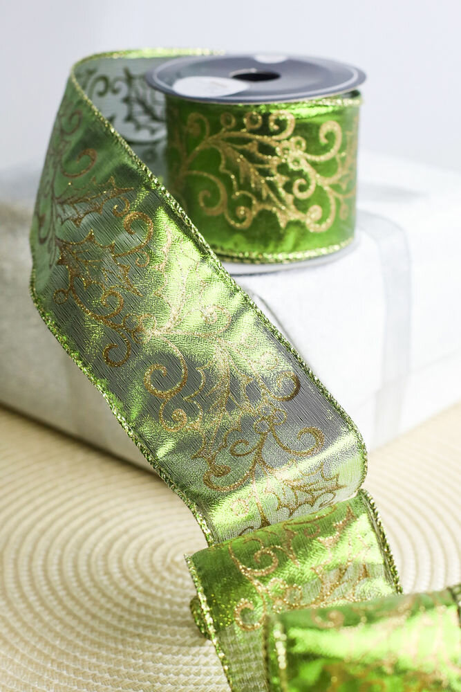 Лента для декорирования изящная - Остролист, зелёный с золотым, 6x270 см, Kaemingk 445325-2