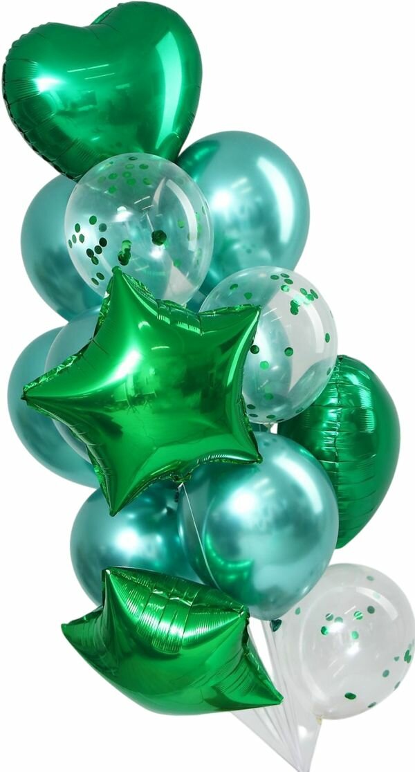 Воздушные латексные шары-букет "Хром", хромированные без рисунка с конфети, надувные хромовые шарики, фольгированные шары звезда и сердце, набор для праздника 14 штук, цвет зелёный