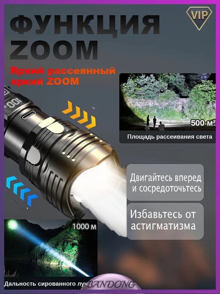 Фонарь ручной MEIZE с лазерным диодом, 10000 люмен, 130 Вт, 2000 м, 2 года гарантии, 18650 аккумулятор, черный — фото 1