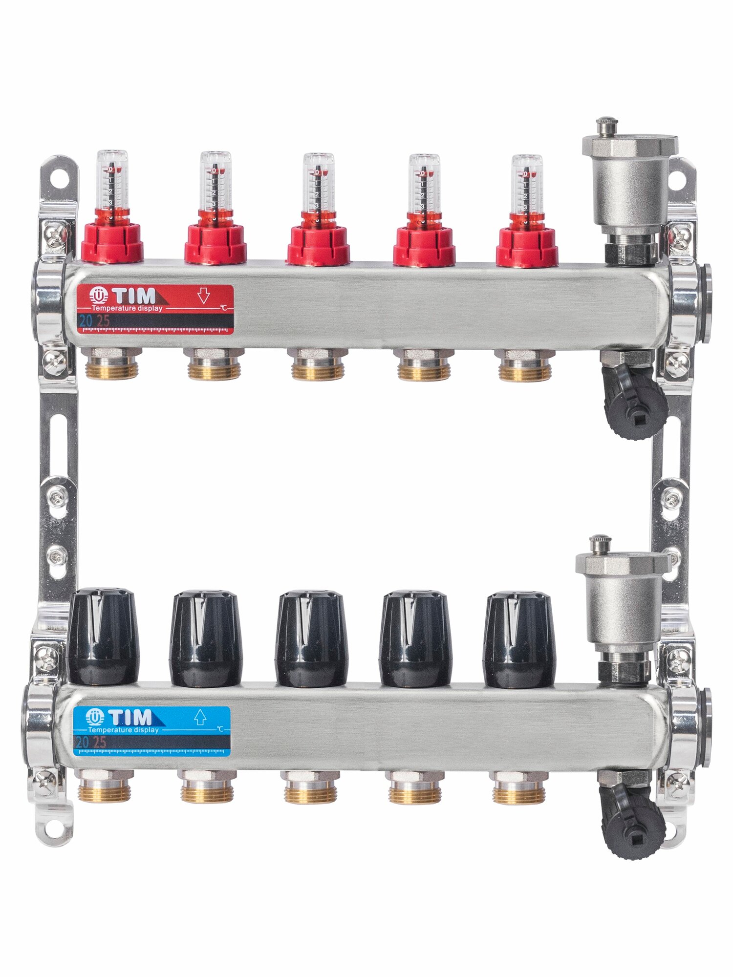 Коллекторная группа 5 контура с расходомерами 1" * 3/4" E, с дренажными кранами и воздухоотводчиками нерж. сталь, TIM, KCS5005