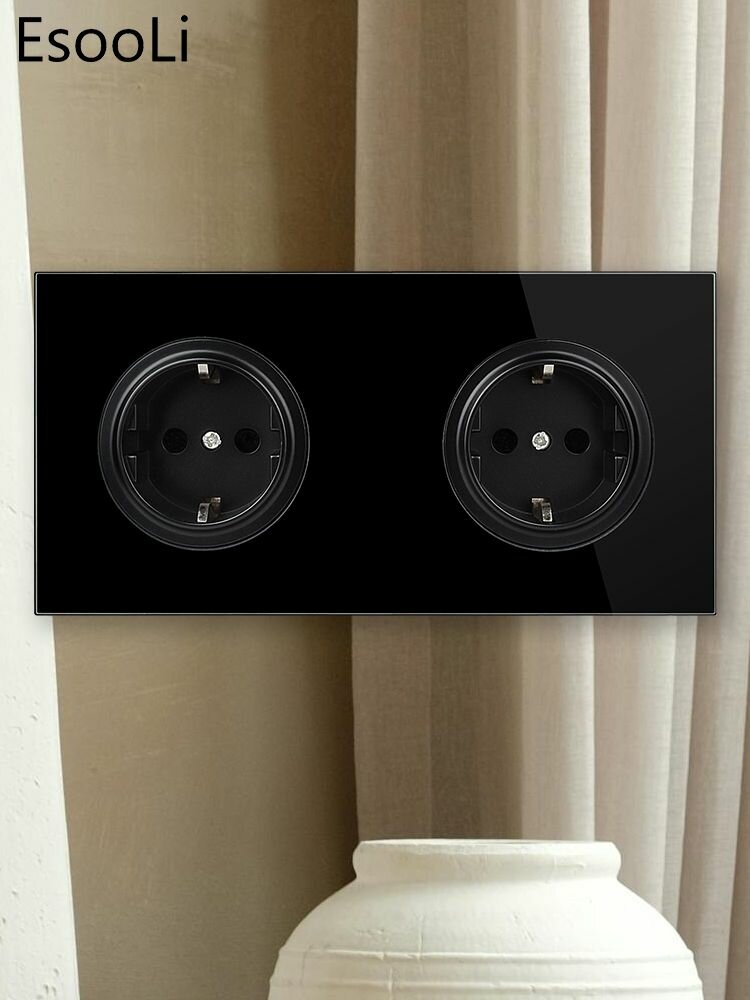 172mm Настенная розетка черная хрустальная стеклянная панель, заземленная с защитой от детей