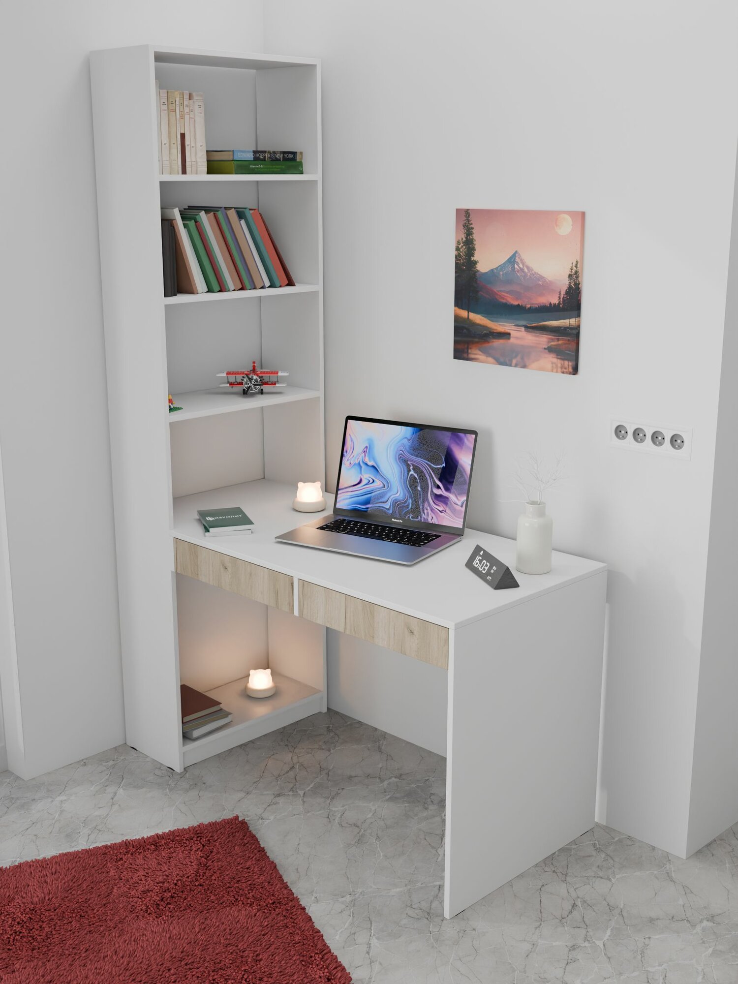 Изумлит Стол-стеллаж письменный угловой, стеллаж слева 200х130х59.2 см, белый - дуб крафт серый