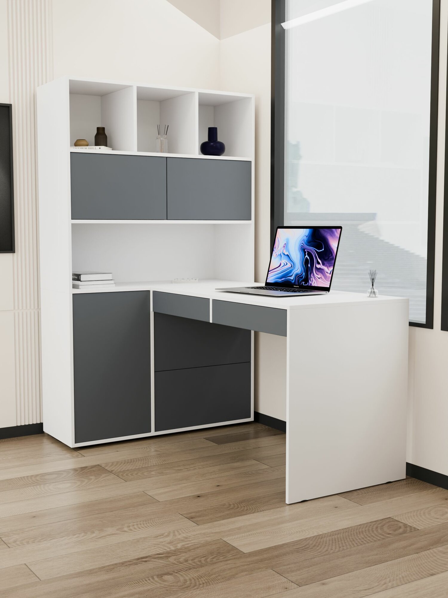 Изумлит Стол-шкаф письменный угловой для учебы и работы, шкаф слева 168х100х147.6 см, белый-графит