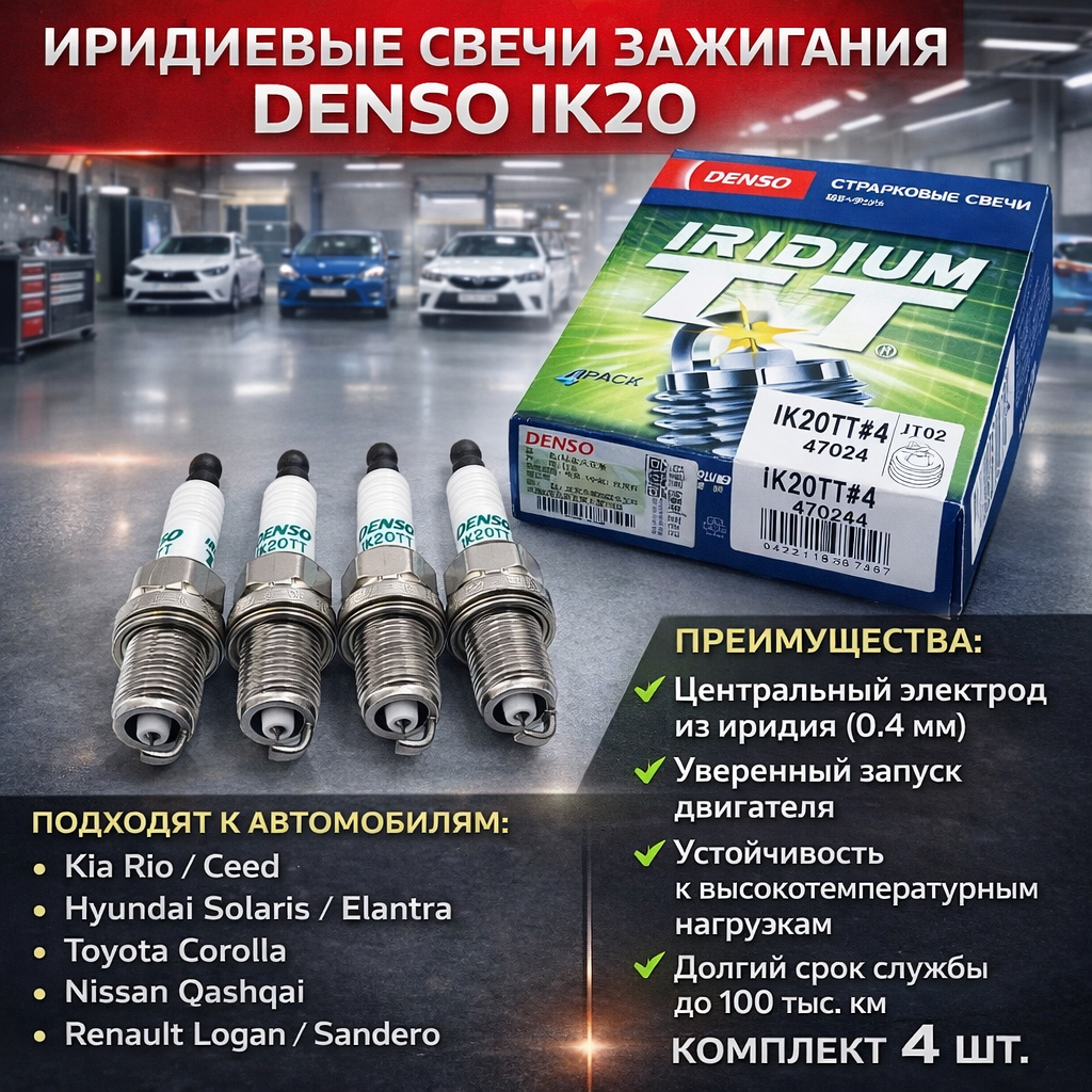 Свечи зажигания иридиевые Denso IK20 4 шт комплект подходят: Kia Rio/Ceed, Hyundai Solaris/Elantra, Toyota Corolla,