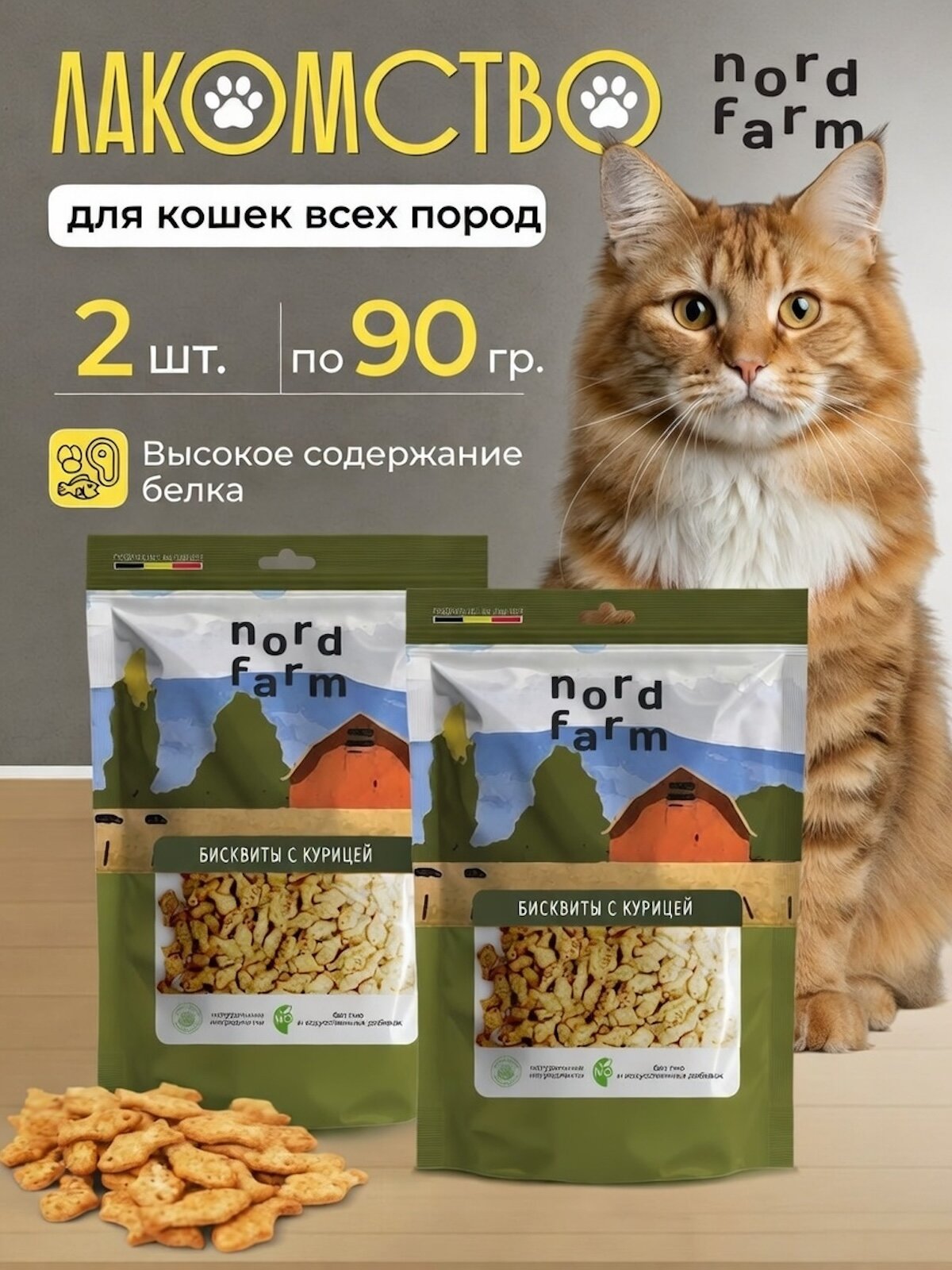 Лакомства для кошек натуральные Nord Farm бисквиты с курицей набор 2 шт