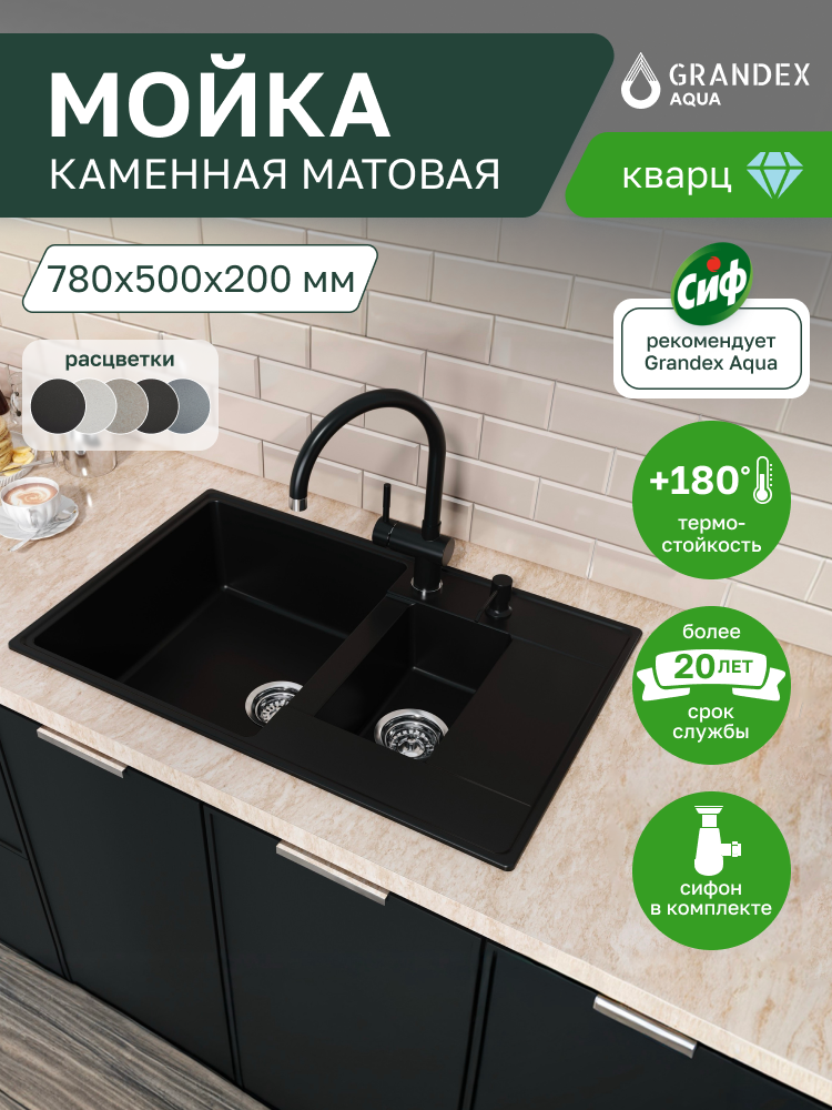 Двойная раковина для кухни накладая из кварца черная 780x500х200 мм Grandex Aqua TOPLINE 78F, с сифоном и выпуском, цвет черный карбон