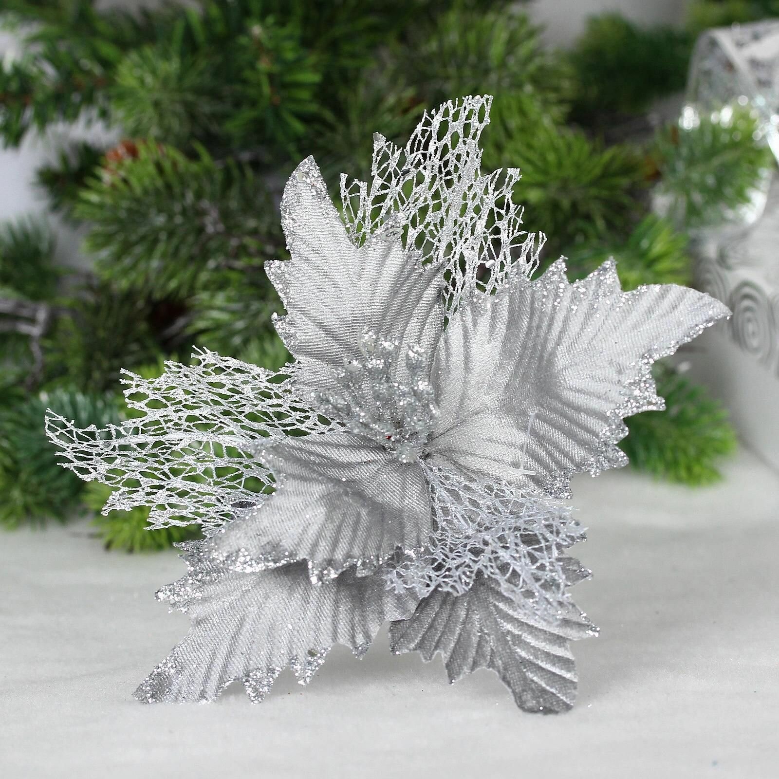 Украшение новогоднее Серпантин Пуансеттия-Сказка, 23 см, серебро