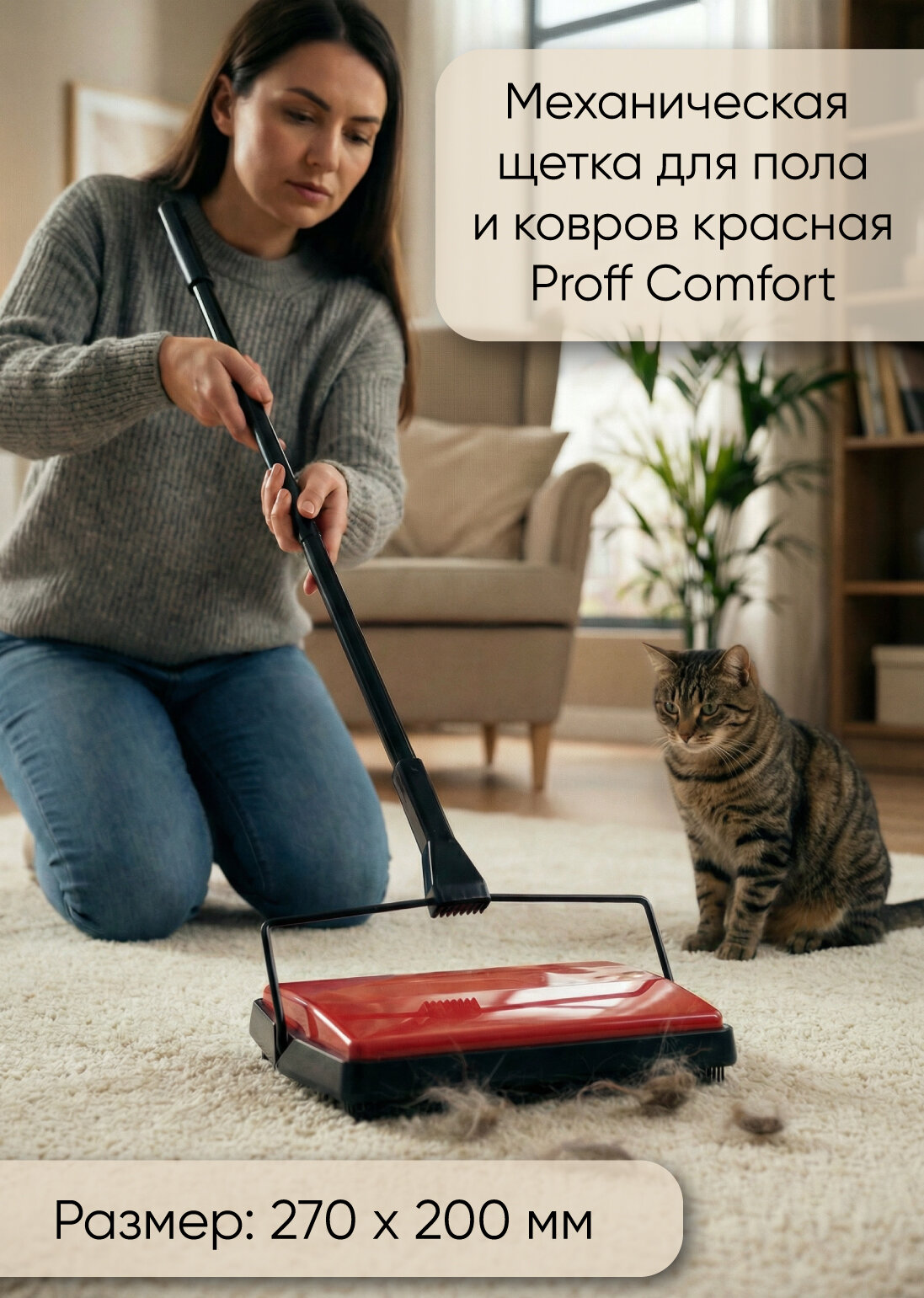 Щетка механическая для ковров и пола Proff Comfort красная