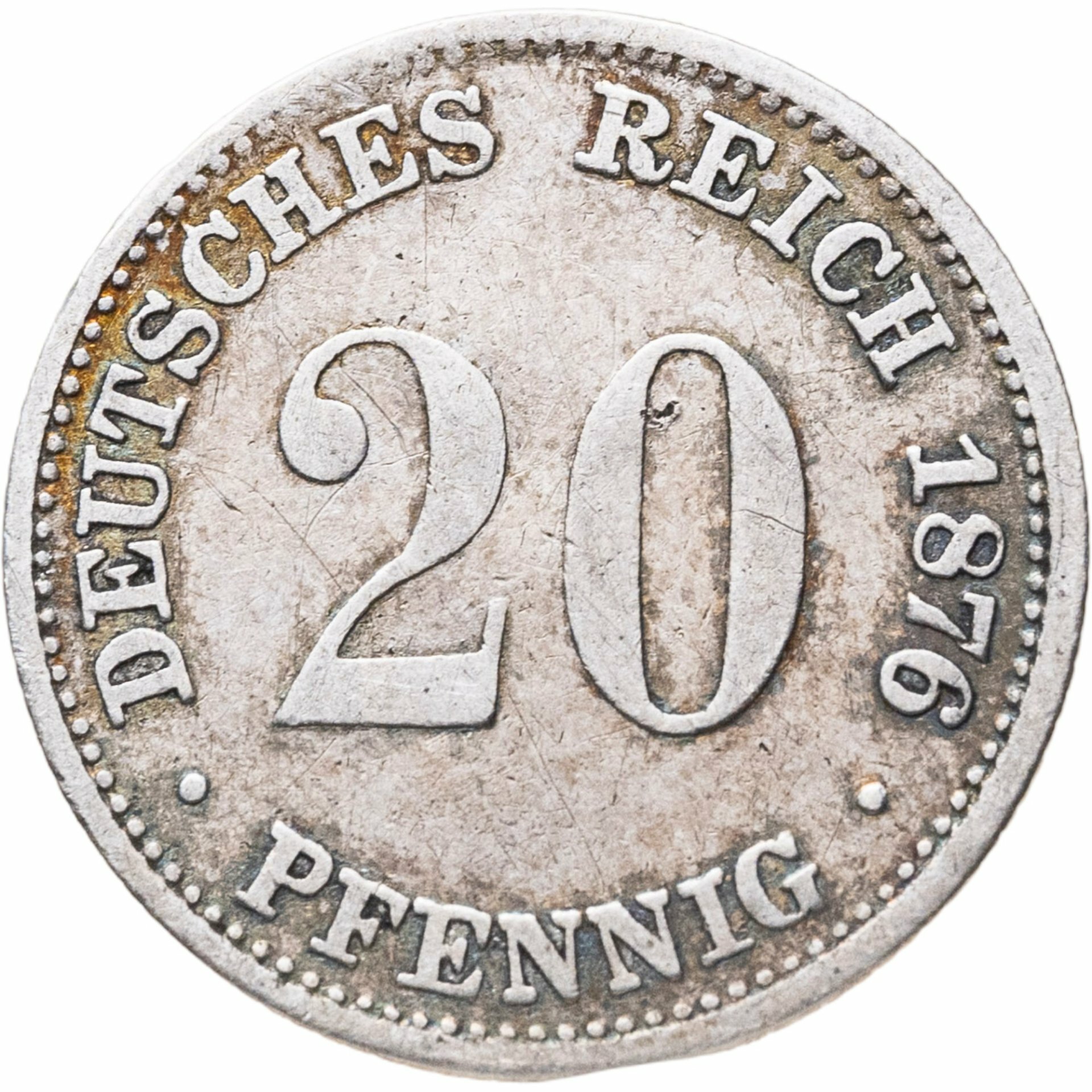 Германская империя 20 пфеннигов pfennig 1876, знак монетного двора: "G" - Карлсруэ, Серебро 900, в сохранности VF