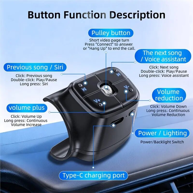 Кнопка-пульт для управления автомобилем Bluetooth 5.4, беспроводной пульт ДУ на руль, радиоконтроллер, мультимедийные функции