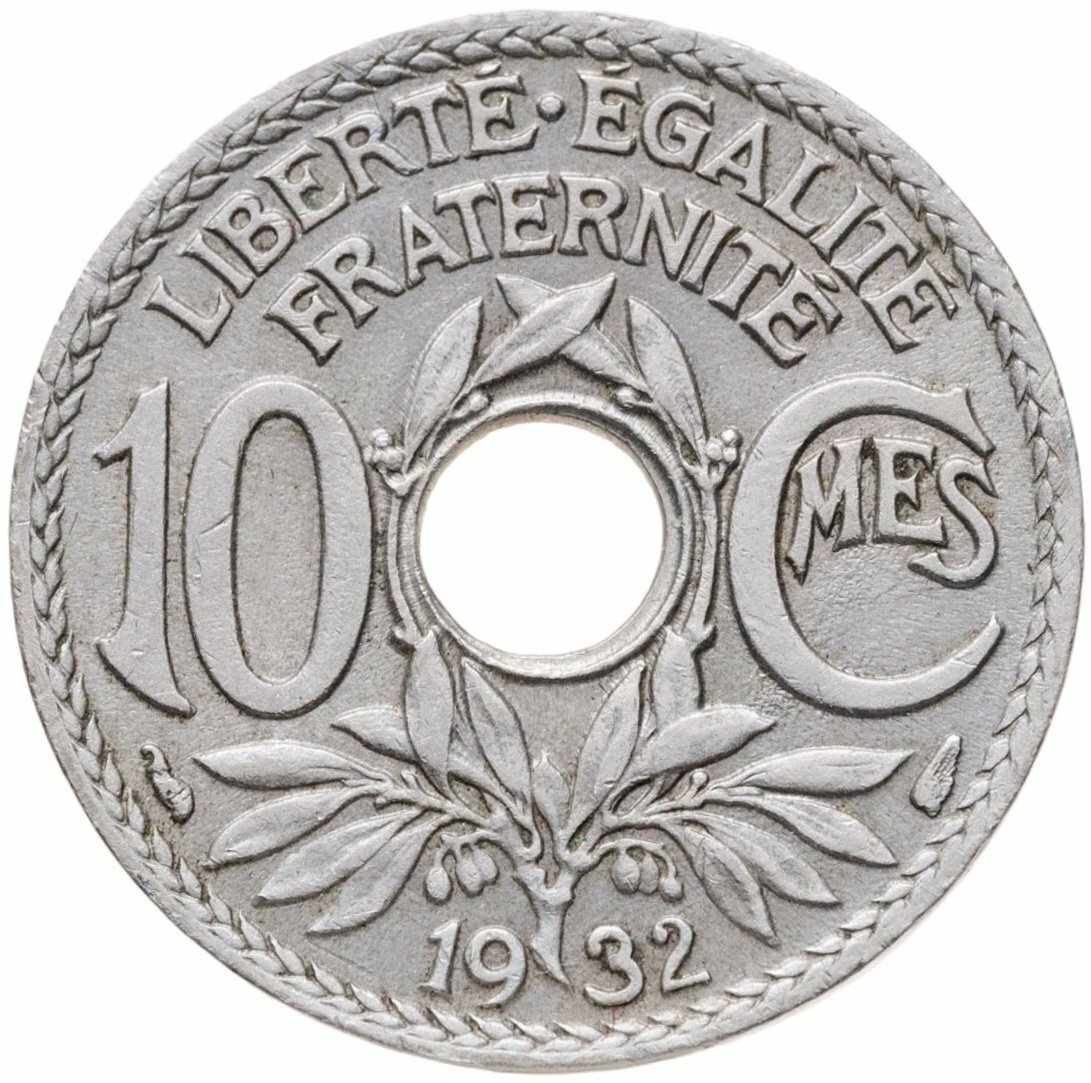 Франция 10 сантимов centimes 1932, Мельхиор медь-никель, в сохранности XF