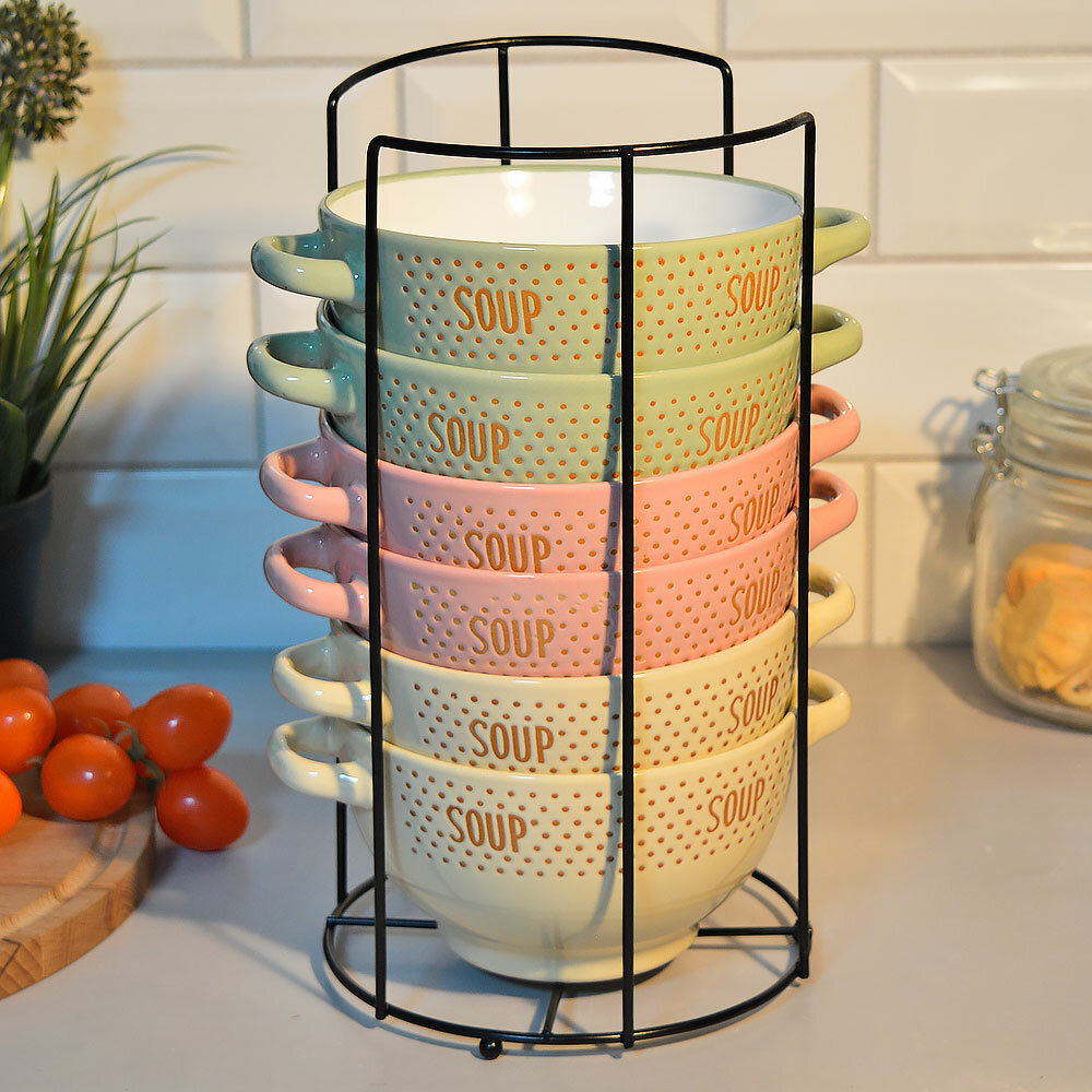 Набор бульонниц 6 предметов 650 мл на подставке "Пастель", микс пастельных цветов