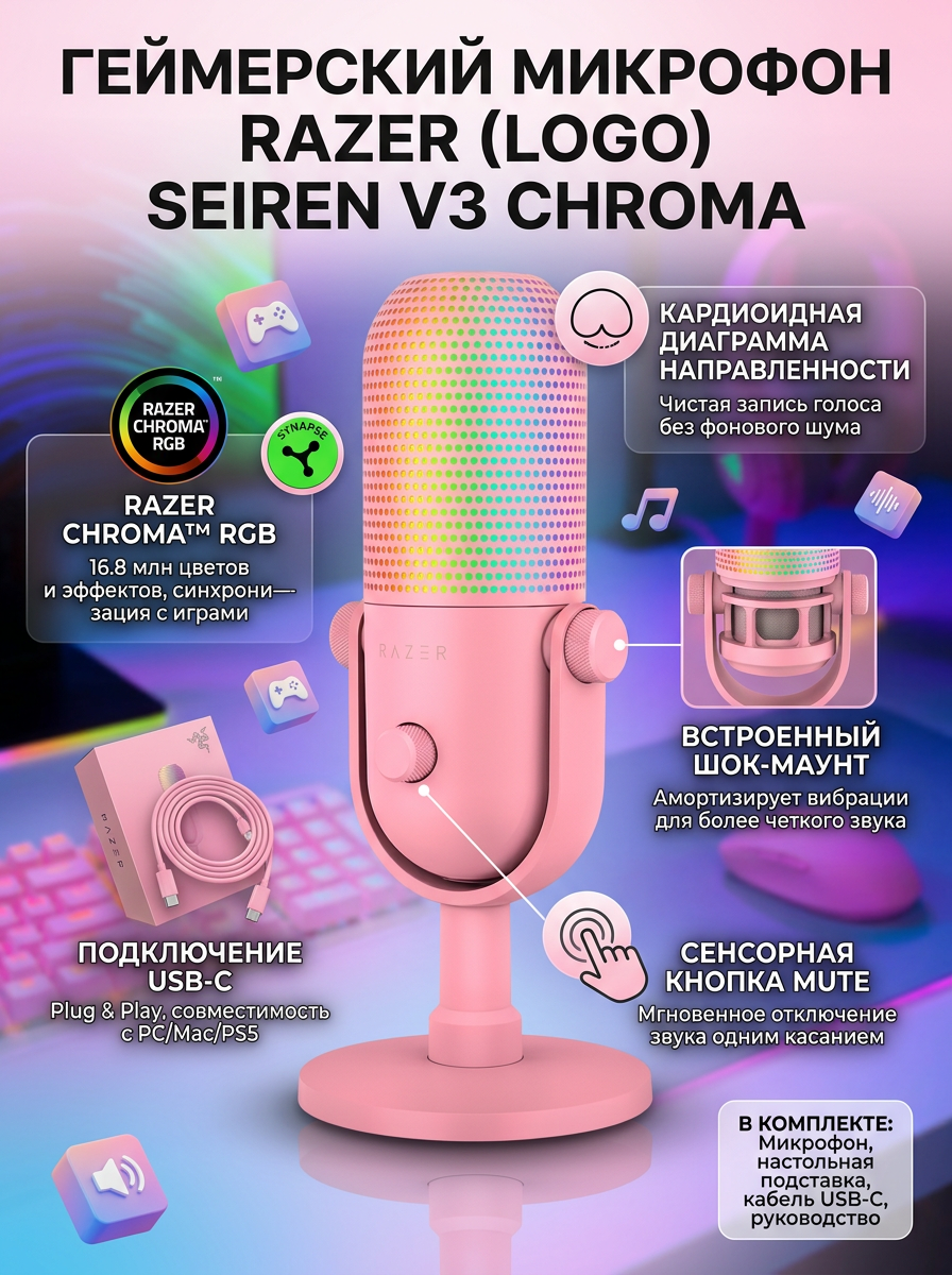 Микрофон Razer Seiren V3 Chroma - Quartz Microphone (RZ19-05060300-R3M1)