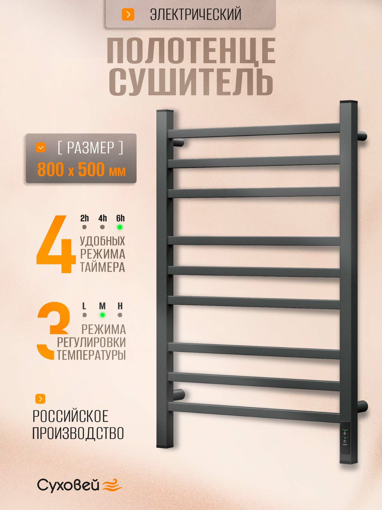 Полотенцесушитель электрический Суховей Атлет AST85001GF 80x50 см, графит металлик / Сушилка для полотенец в ванную, лесенка с терморегулятором