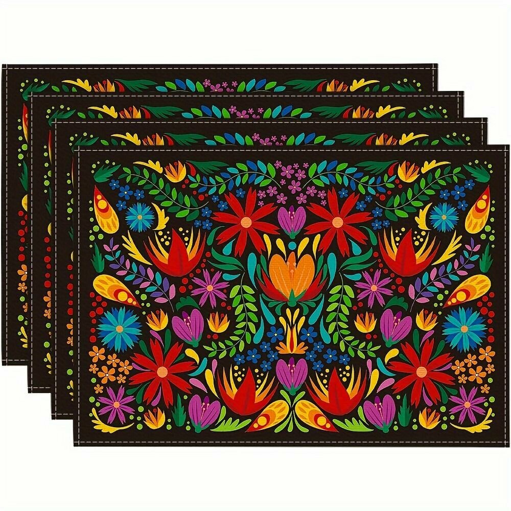 4pcs Красочные цветочные узоры на черном фоне! Эффектное украшение праздничного обеденного стола - салфетка в мексиканском стиле