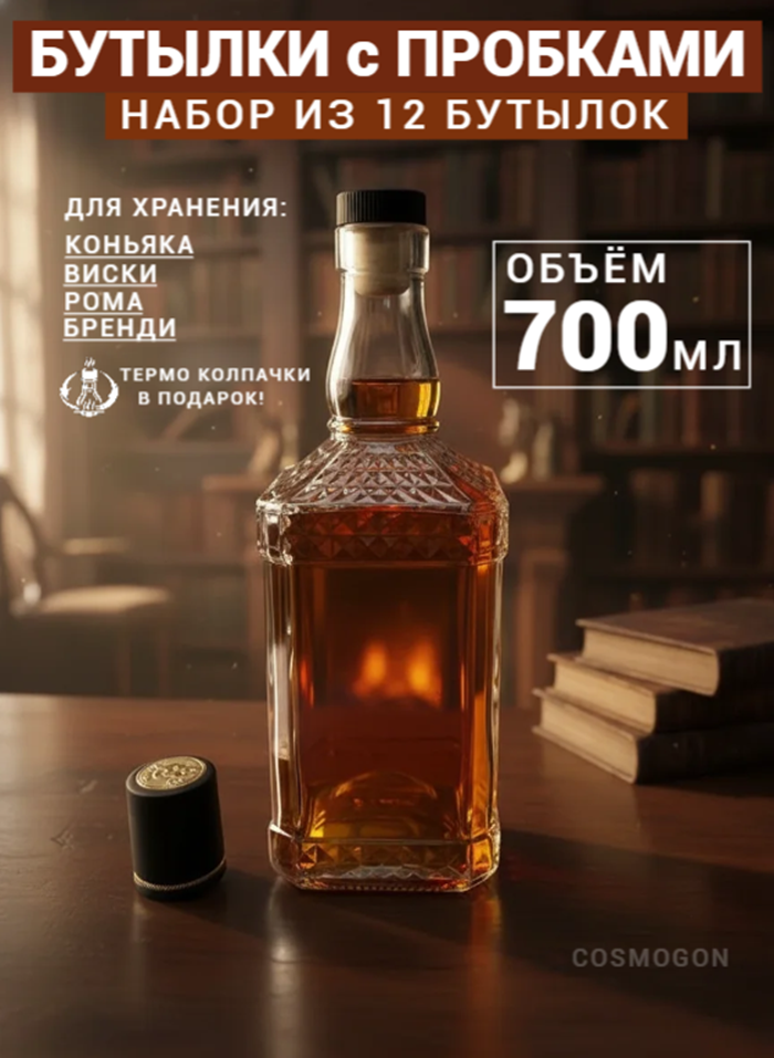 Бутылка стеклянная 0,7л 12 шт с пробками и термоколпачками стронг