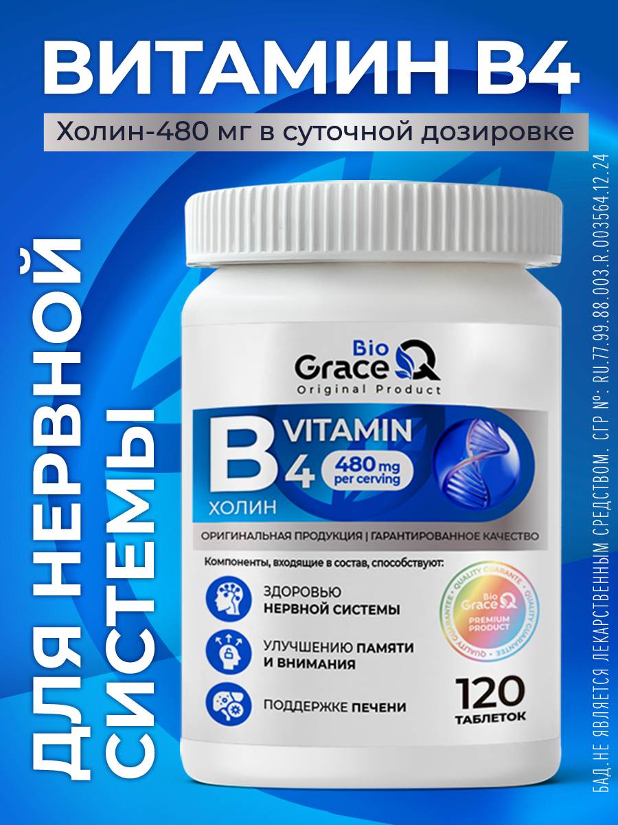 Витамин В4 Холин битартрат. Витамины для мозга и памяти, Ноотроп для концентрации, успокоительное, 480 мг, 120шт.
