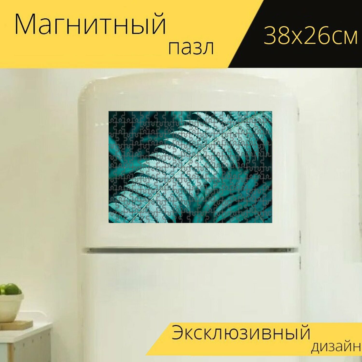 Магнитный пазл "Папоротник в бирюзовых тонах. Крупный план тропической листвы с ажурными вайями, мягким боке и глубоким тёмным фоном. Свежая природная." для интерьера, 38х26 см.