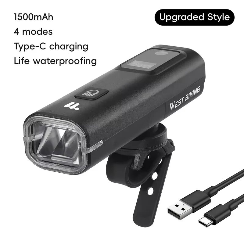 WEST BIKING Велофонарь 1500mAh, 4 режима, Type-C, Upgraded Style