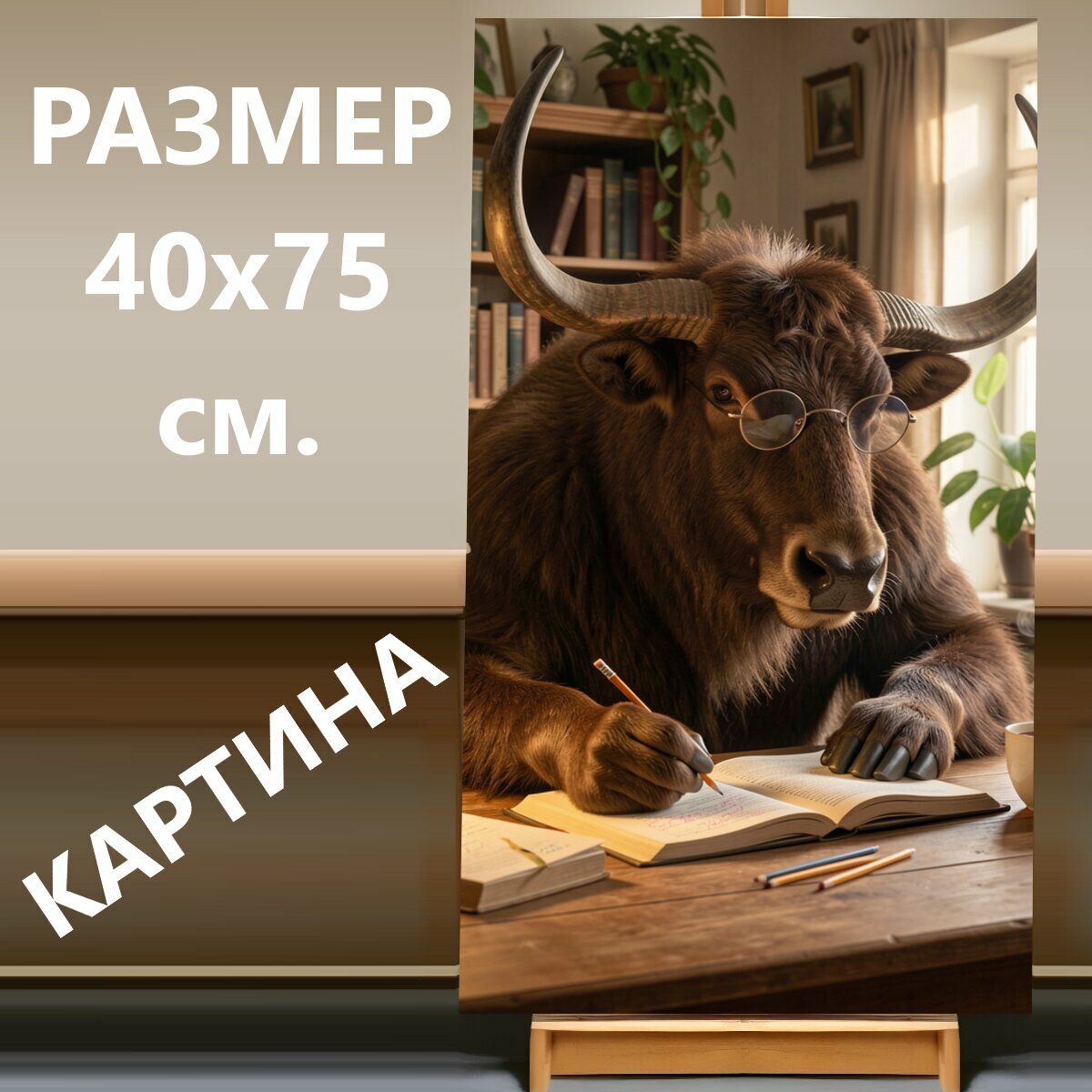 Картина на холсте "Могучий лось с густой темно-коричневой шерстью и большими ветвистыми рогами сидит за деревянным столом в уютной комнате с." на подрамнике 75х40 см. для интерьера