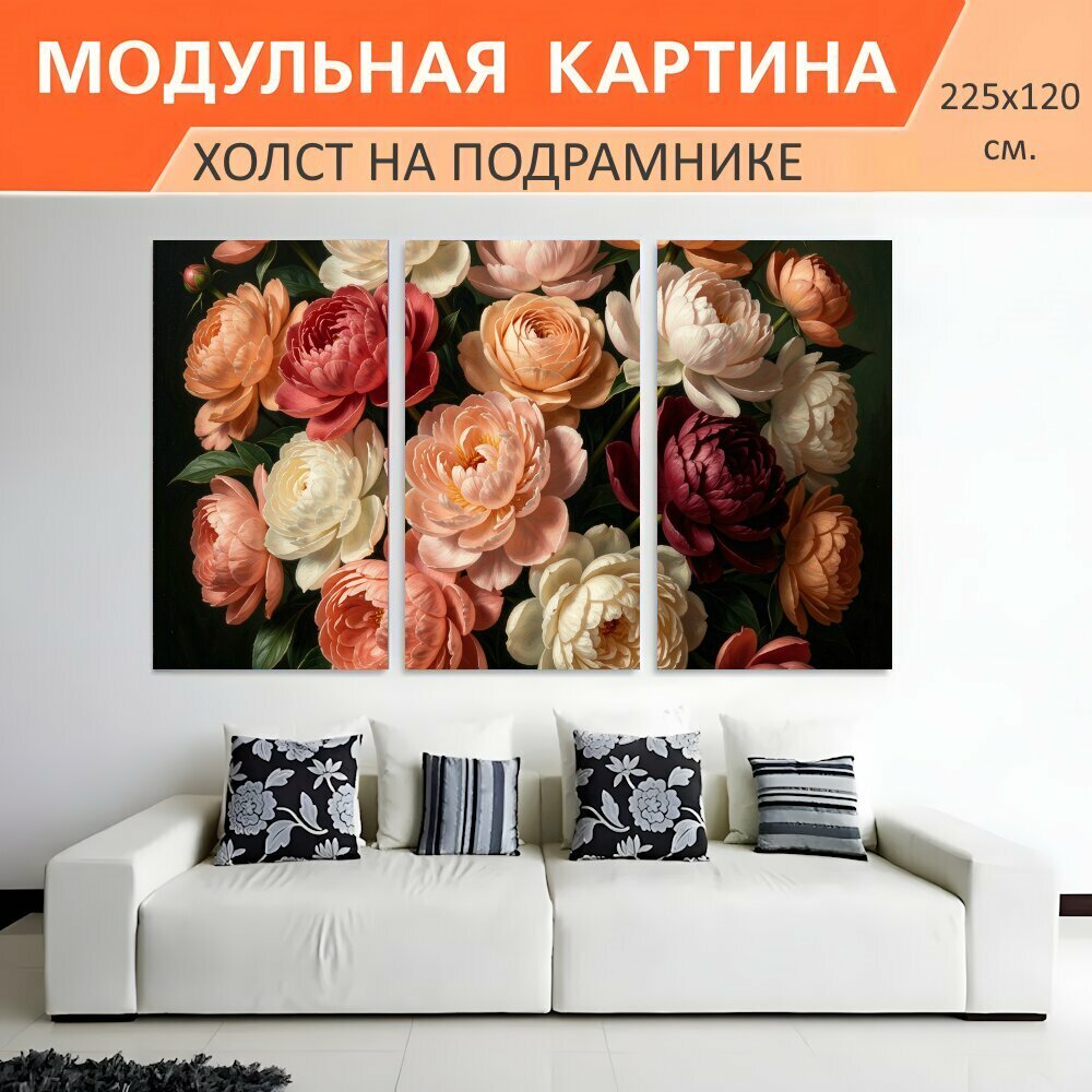 Модульная картина на холсте "Нежные пионы и ранункулюсы. Пышная цветочная композиция в темной бархатной гамме: крупные бутоны в." триптих на подрамнике 225х120 см. для интерьера