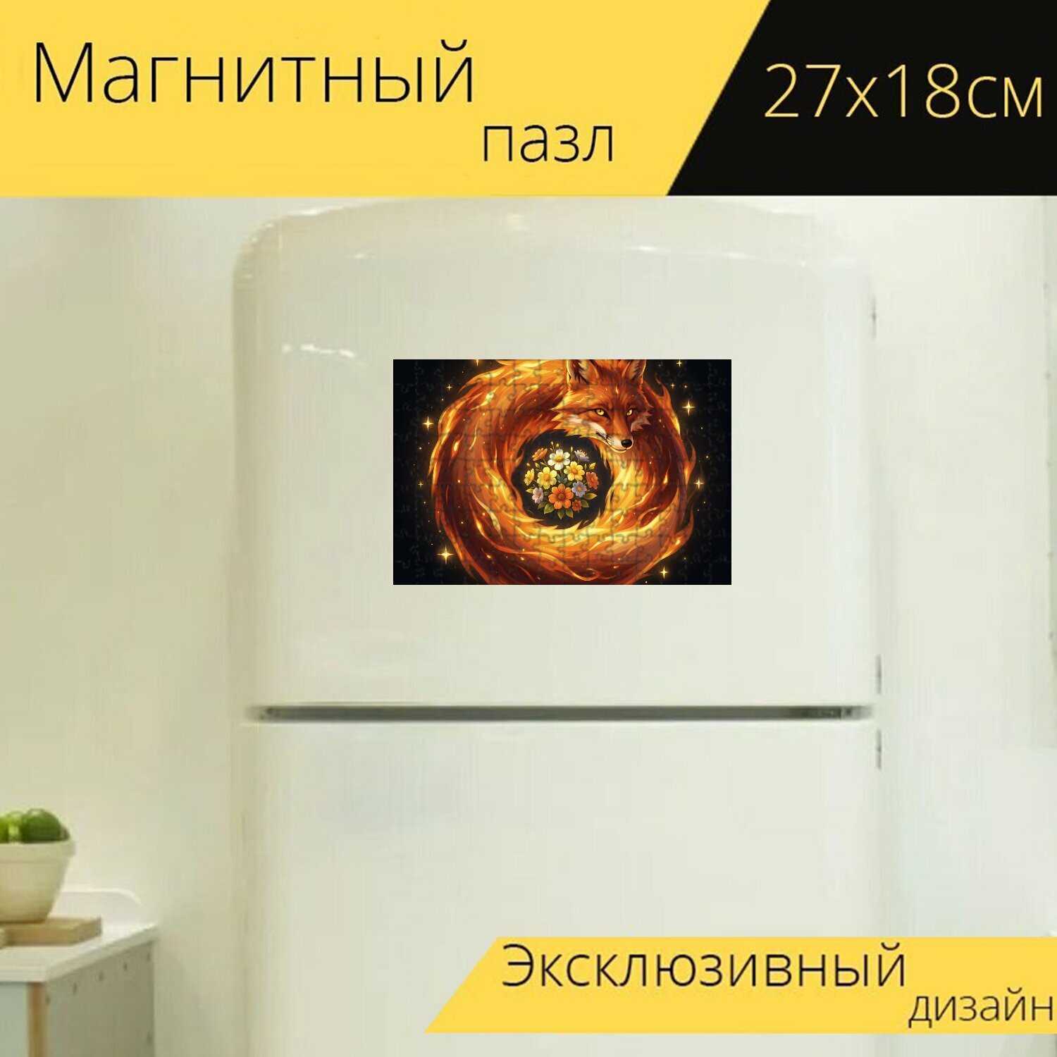 Магнитный пазл "Лиса в огненном круге. Яркая сказочная лиса в вихре золотисто-оранжевых языков пламени, в центре нежные полевые цветы. Темный фон." на холодильник 27 x 18 см.
