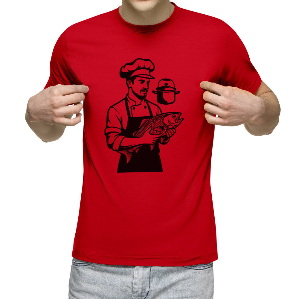 Мужская футболка «Повар с уловом» (красный, 2XL)
