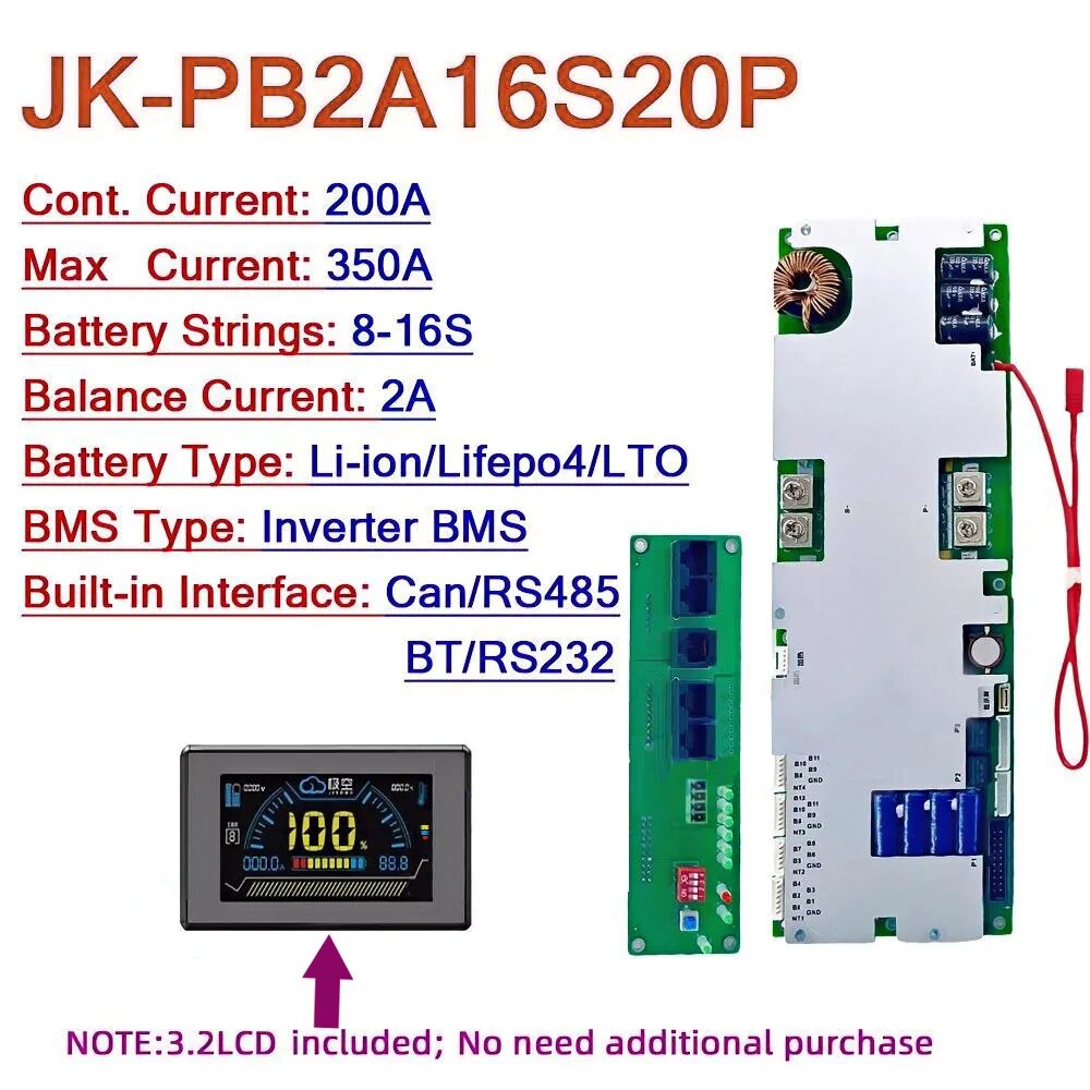 JK-PB2A16S20P BMS 200A 16S Li-ion/LiFePO4/LTO