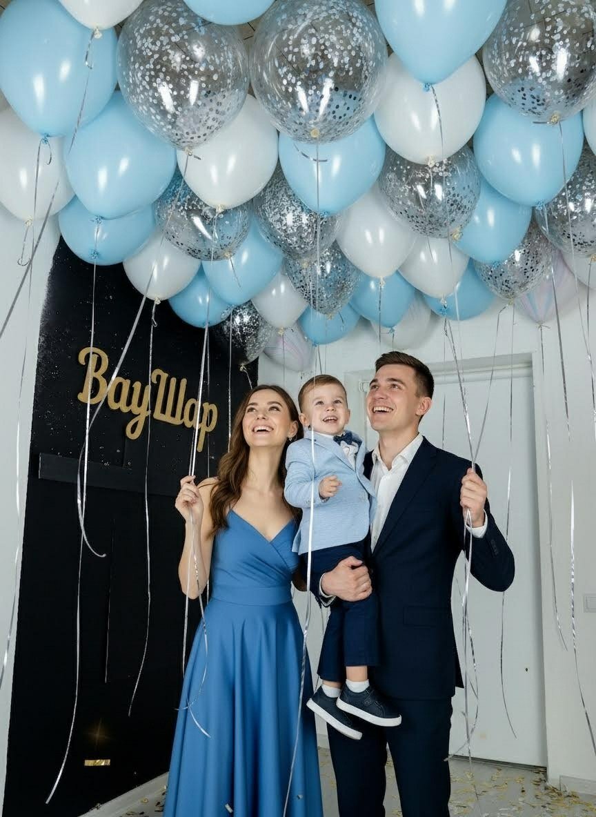 Набор гелиевых шаров, под потолок, 11 шт, серебро, голубой, белый, конфетти, уже надутые