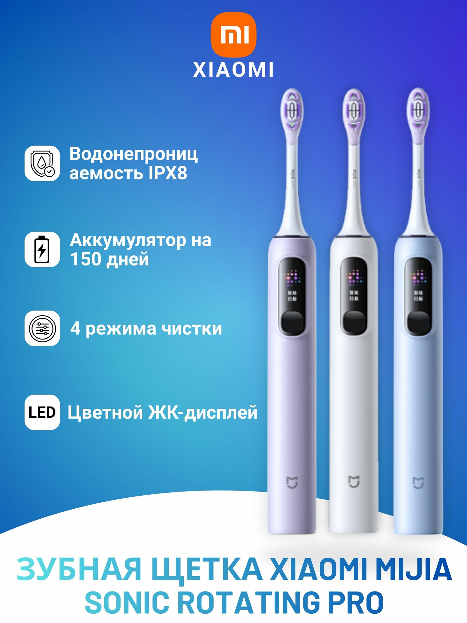 Зубная щетка Mijia Sonic Vibration Pro 4 режима, 42000 колебаний/мин, 6-зонный сенсор, цветной экран, мягкие щетинки, IPX8, Type-C, 180 дней работы