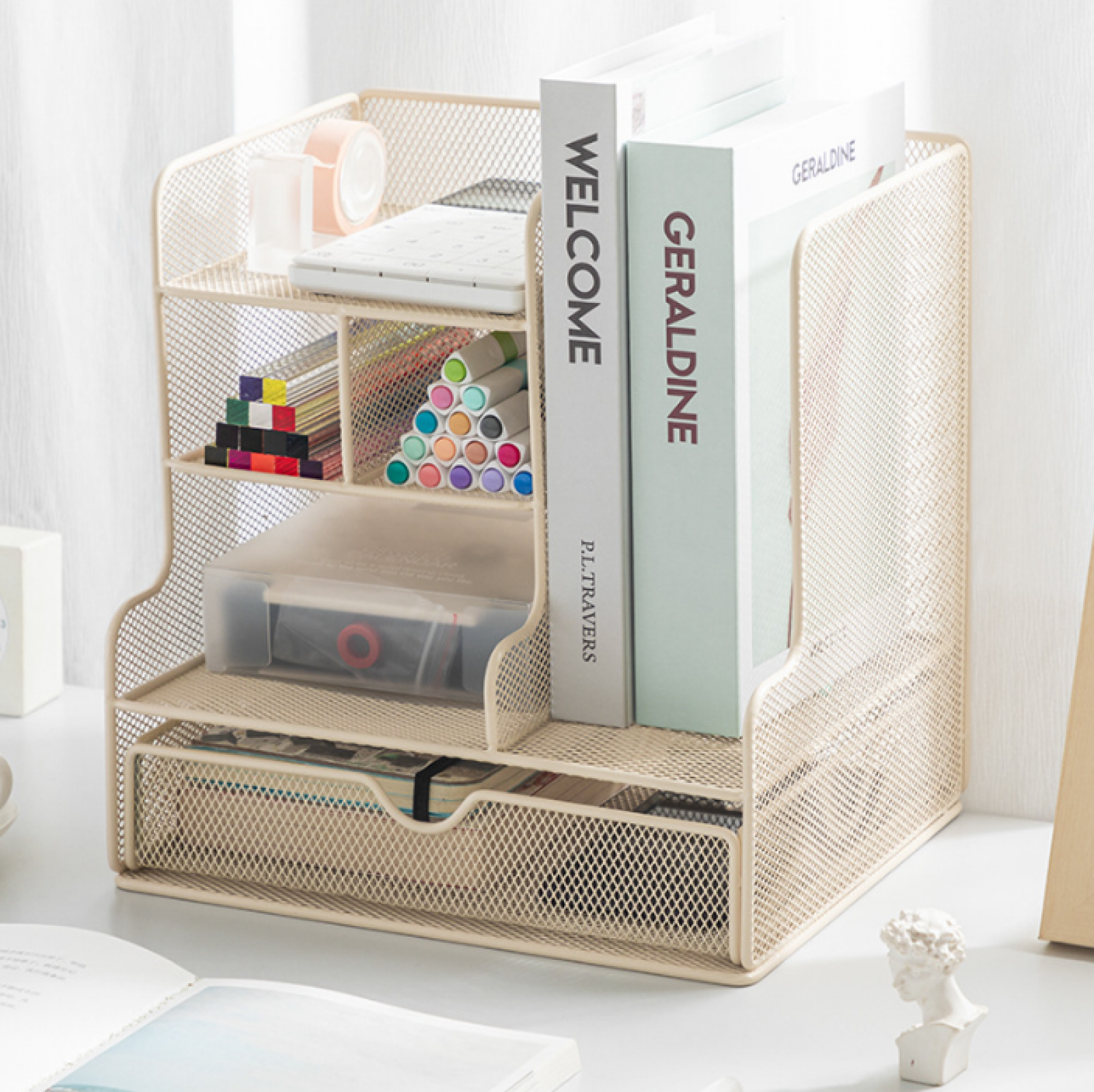 Лоток вертикальный MyPads для бумаги и документов с 3 отделениями и выдвижным ящиком, металлическая сетка, бежевый