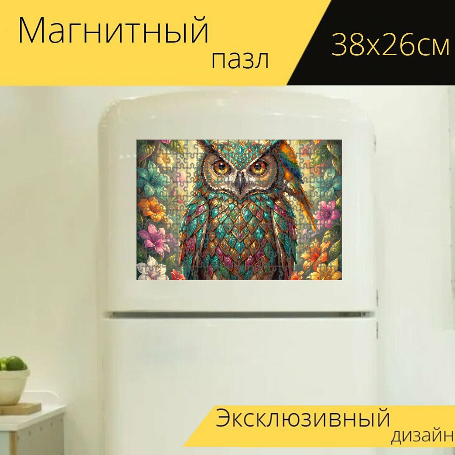 Магнитный пазл "Сказочная сова с попугаем. Яркая фантазийная композиция с крупной совой в роскошном чешуйчатом оперении и попугаем на плече, окружённая." для интерьера, 38х26 см.