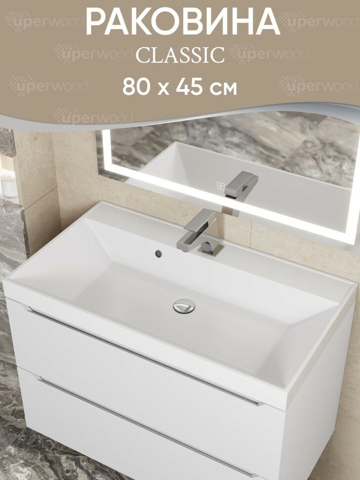 Раковина для ванной 80 см, Uperwood Classic, белая глянцевая