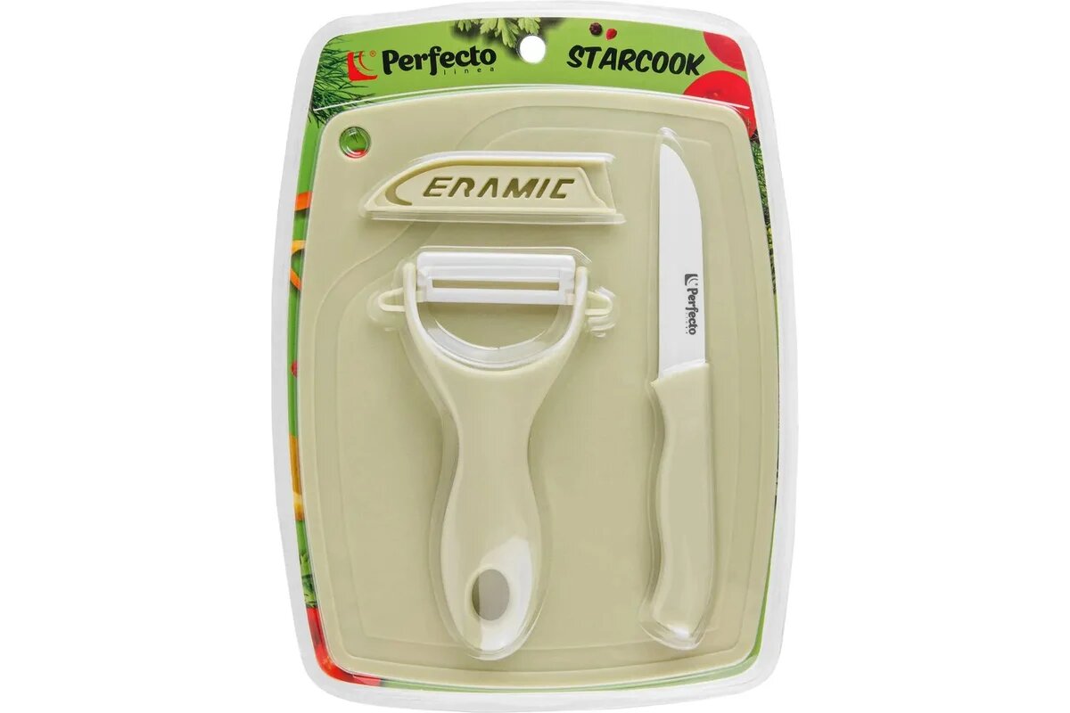 Набор кухонных ножей PERFECTO LINEA 16/13 см с керамическими лезвиями, полипропиленовой рукояткой и разделочной доской 16×20 см