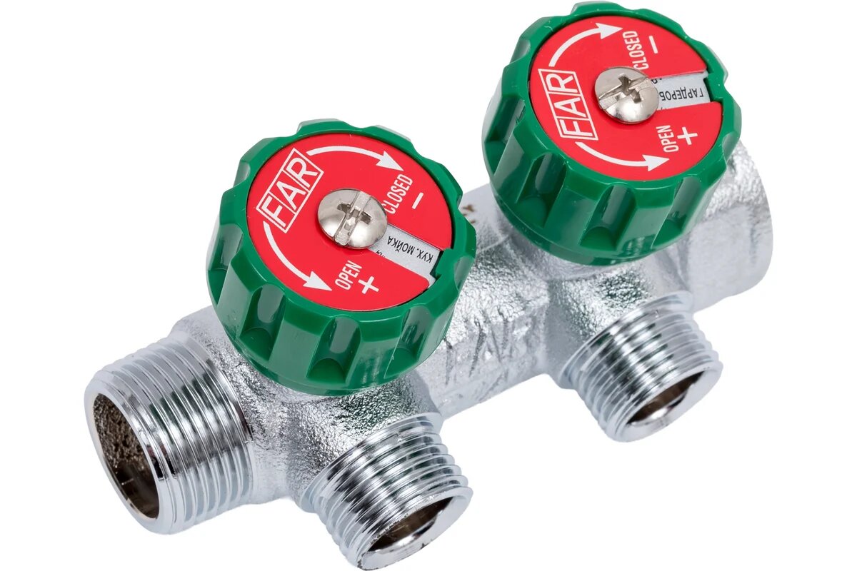 Регулирующий коллектор far 3/4" вр-нр с 2 отв. 1/2" нр межосев 45 мм латунь хромовый арматура регулирующая гребенка для отопления и водоснабжения