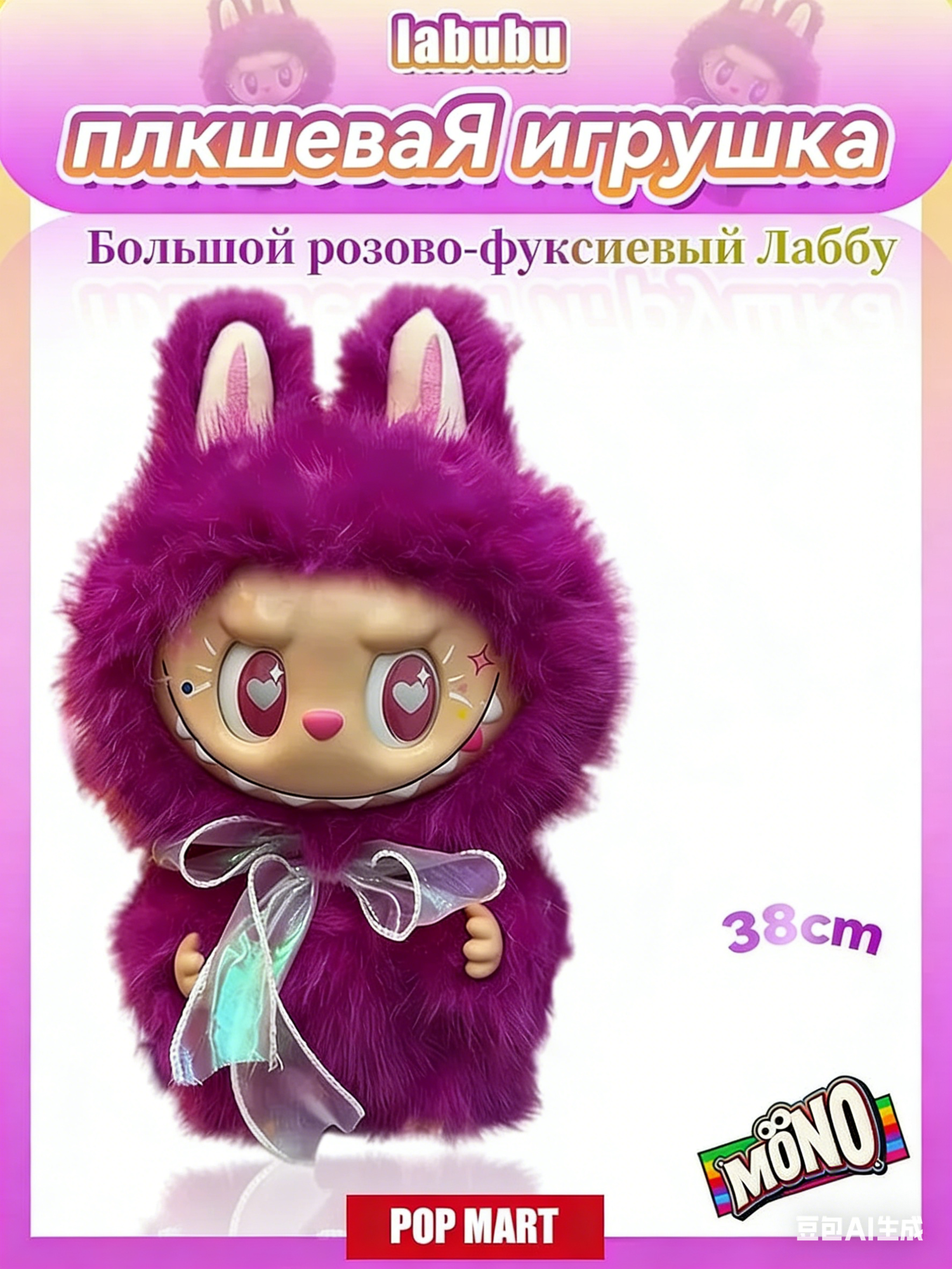 Labubu, большая модель 38 см, розово-малиновая, коллекционная