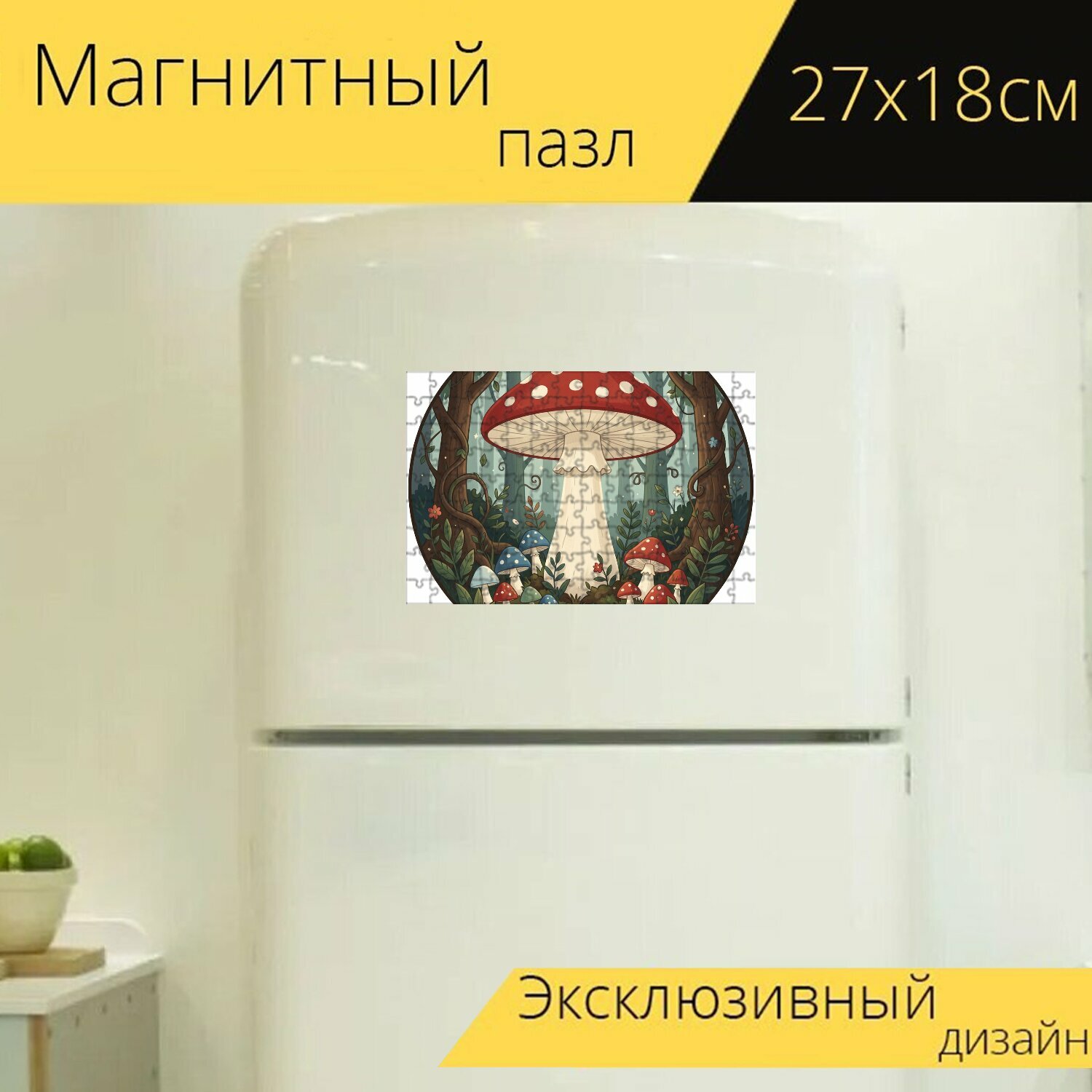 Магнитный пазл "Волшебный лес с грибами. Сказочная лесная поляна с огромным красно-белым грибом, окружённая деревьями, травой и маленькими грибами." на холодильник 27 x 18 см.