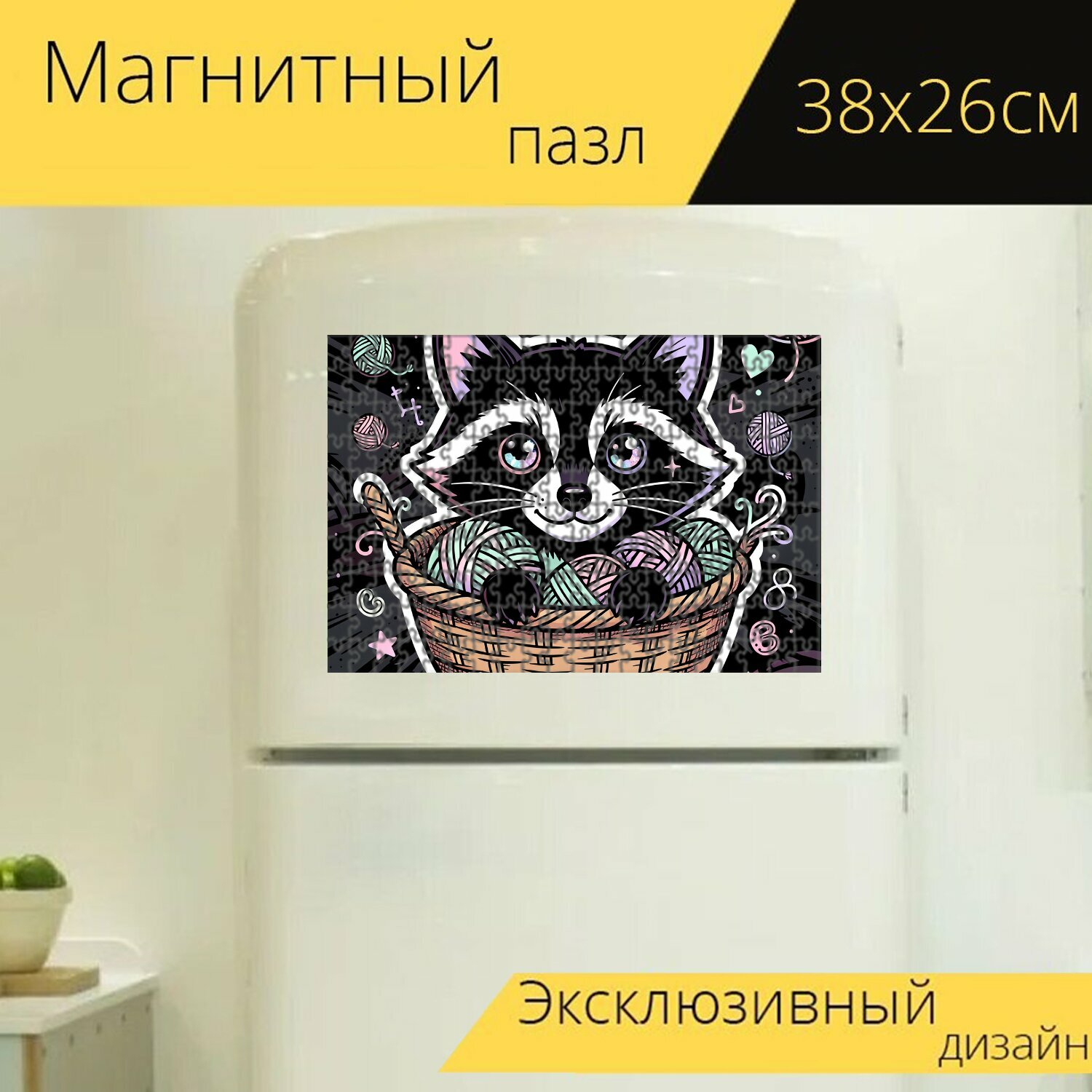 Магнитный пазл "Енот в корзине с клубками. Милый мультяшный зверёк с большими блестящими глазами сидит в плетёной корзинке среди клубков пряжи. Чёрный фон." для интерьера, 38х26 см.