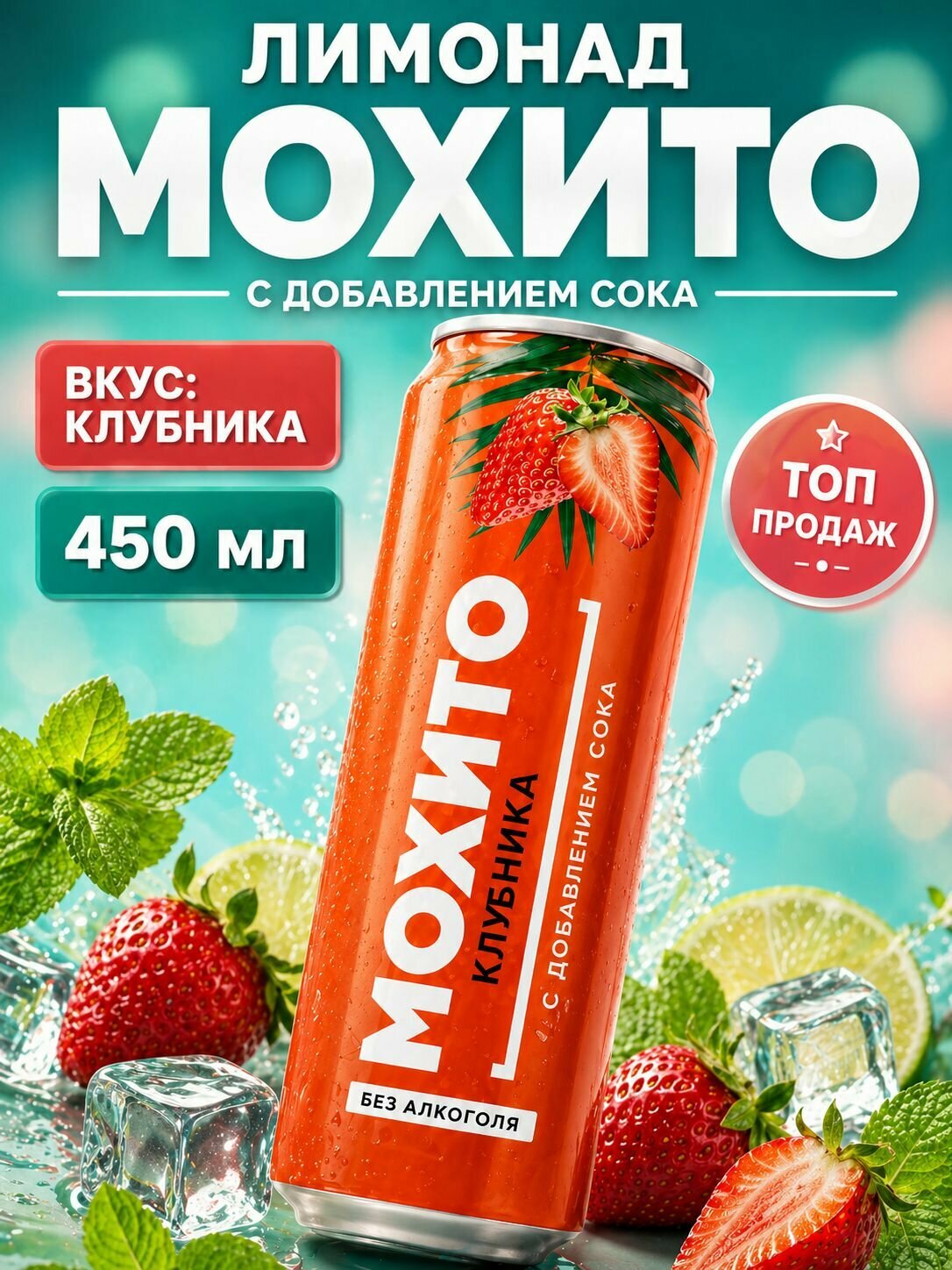 Газированные напитки Pastel Лимонад мохито со вкусом клубники с добавлением сока 450 мл, 460 г, Клубника