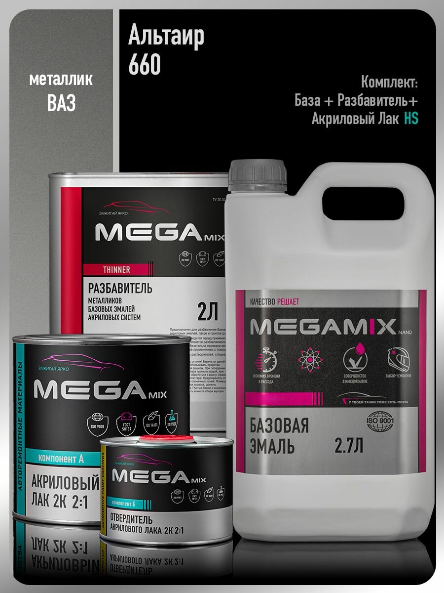 Базовая эмаль Альтаир 660, Комплект: (Эмаль 2.7 л. + Разбавитель Megamix 2 л.+ Лак автомобильный HS, 1275 мл.), MEGAMIX