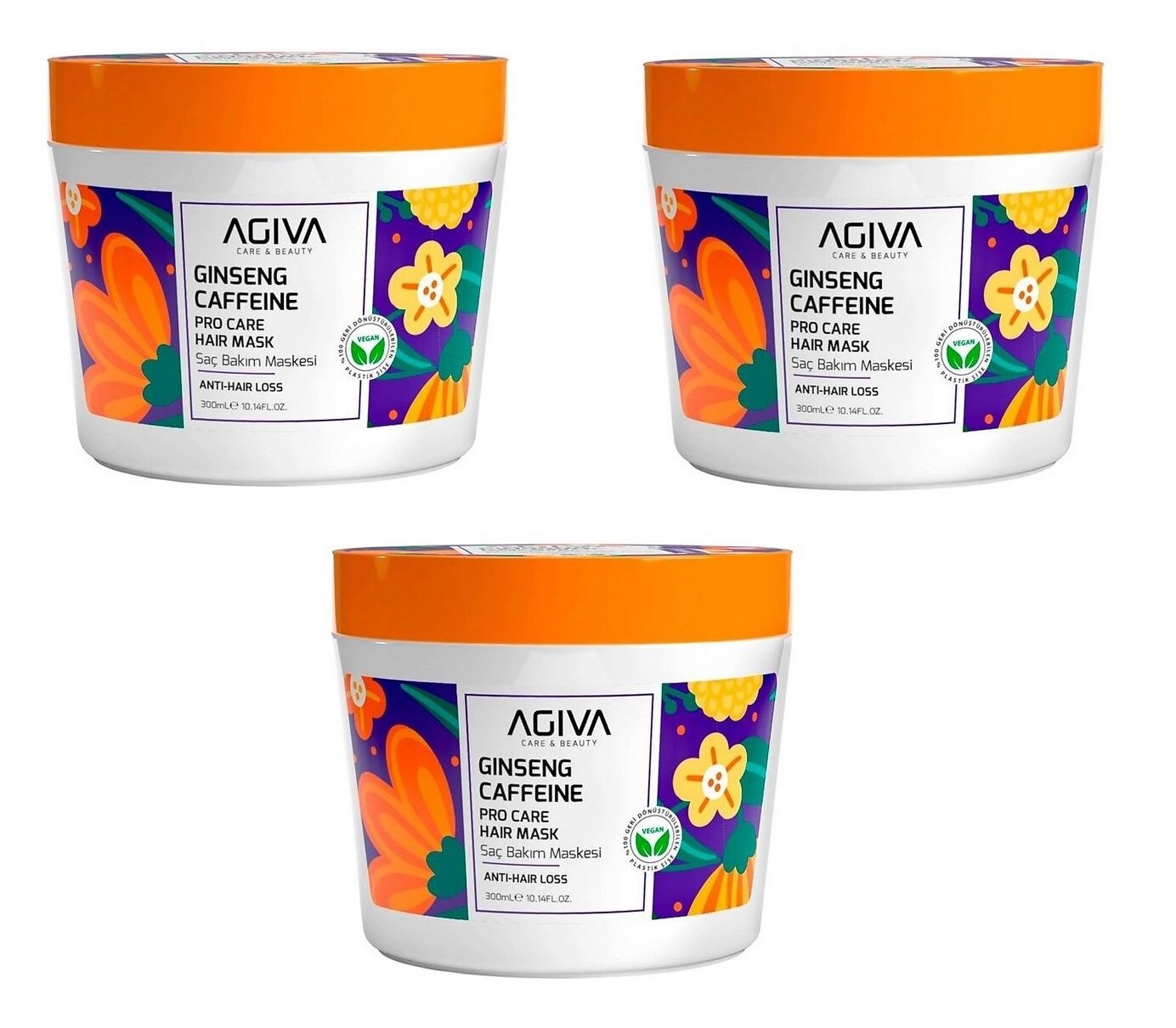 AGİVA Маска для ослабленных волос Caffeine Ginseng Pro Care, 300 мл - 3 штуки