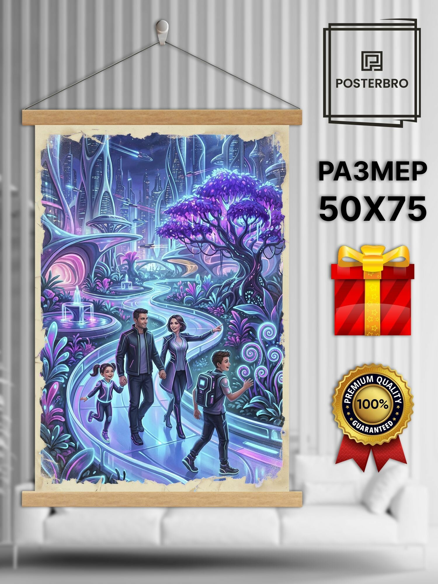 Постер на стену Posterbro в рамке 50х75 "Семья из будущего" интерьерный