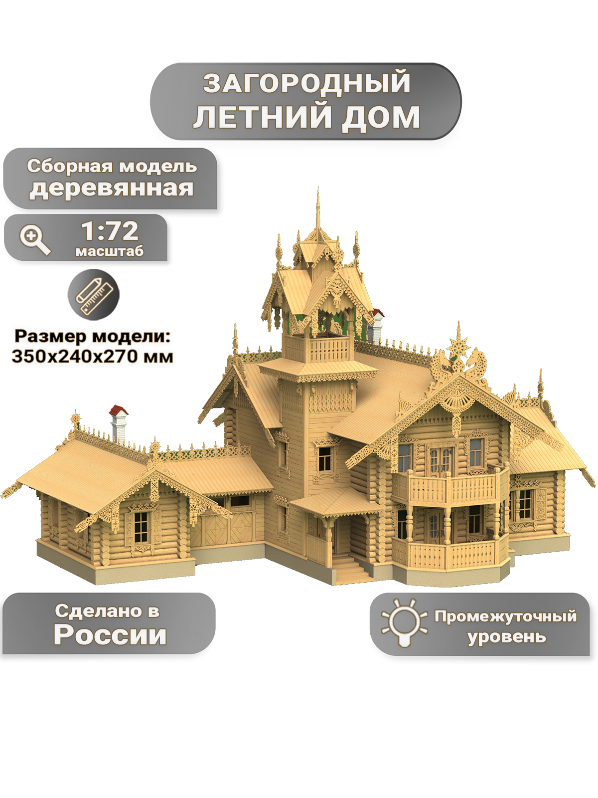 Сборная модель из дерева, Загородный летний дом по эскизу 1876 года, 350х240х270 мм, М. 1:72